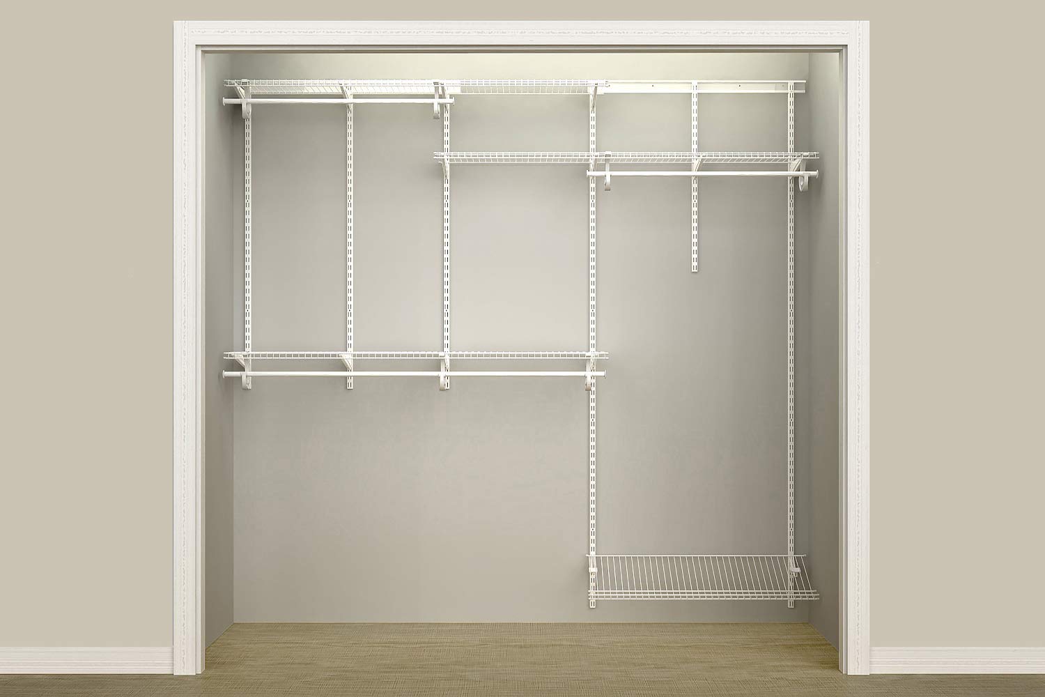 ClosetMaid ShelfTrack Wire Closet Organizer System, Adjustable from 5 to 8 Ft., With Shelves, Clothes Rods, Shoe Shelf, Hardware, Durable Steel, White