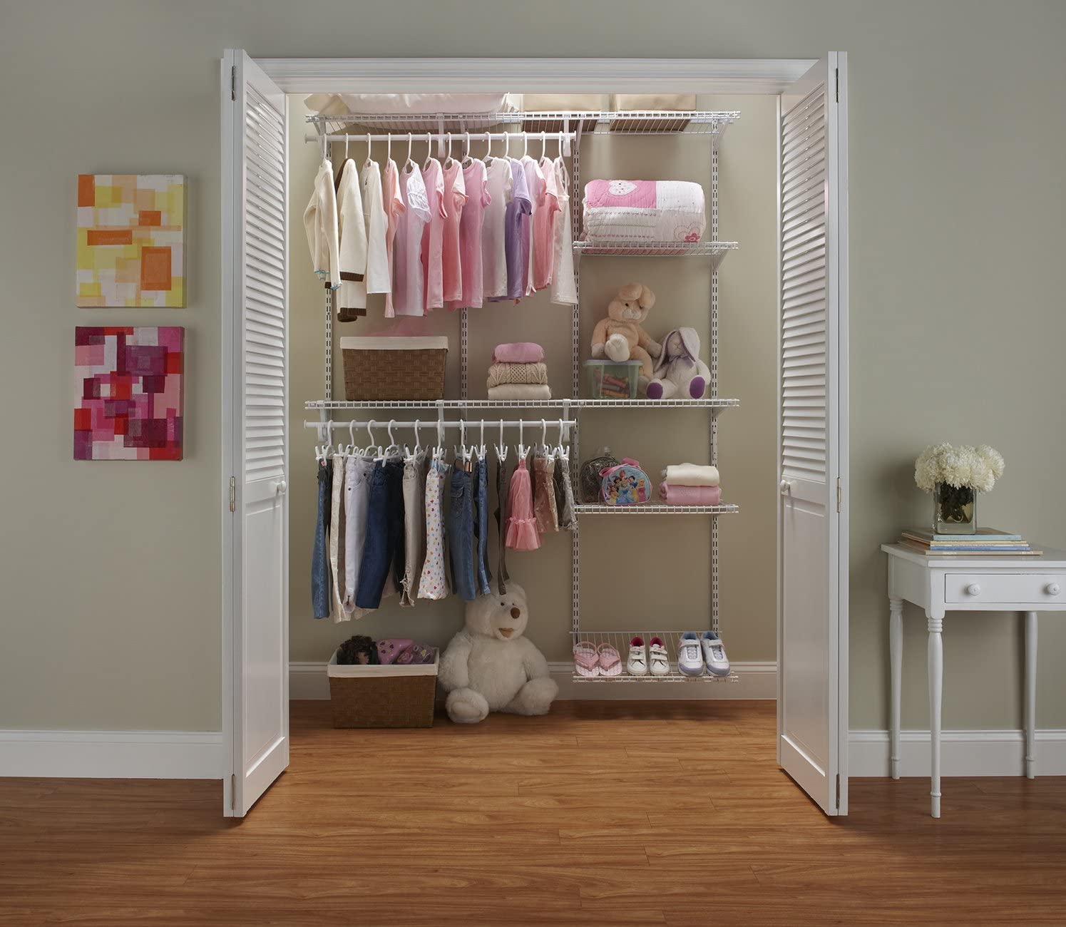 ClosetMaid ShelfTrack Wire Closet Organizer System, Adjustable from 5 to 8 Ft., With Shelves, Clothes Rods, Shoe Shelf, Hardware, Durable Steel, White