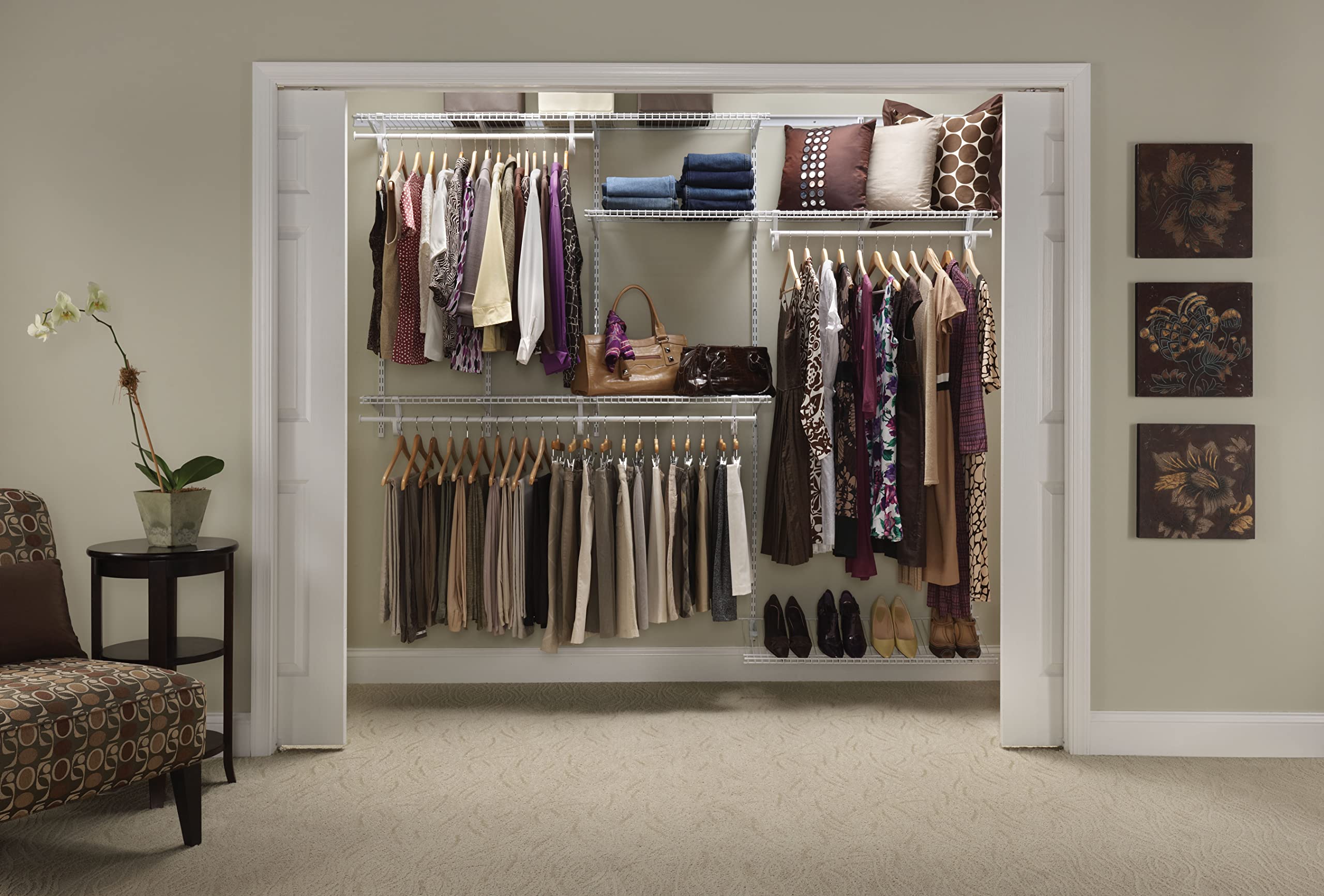 ClosetMaid ShelfTrack Wire Closet Organizer System, Adjustable from 5 to 8 Ft., With Shelves, Clothes Rods, Shoe Shelf, Hardware, Durable Steel, White