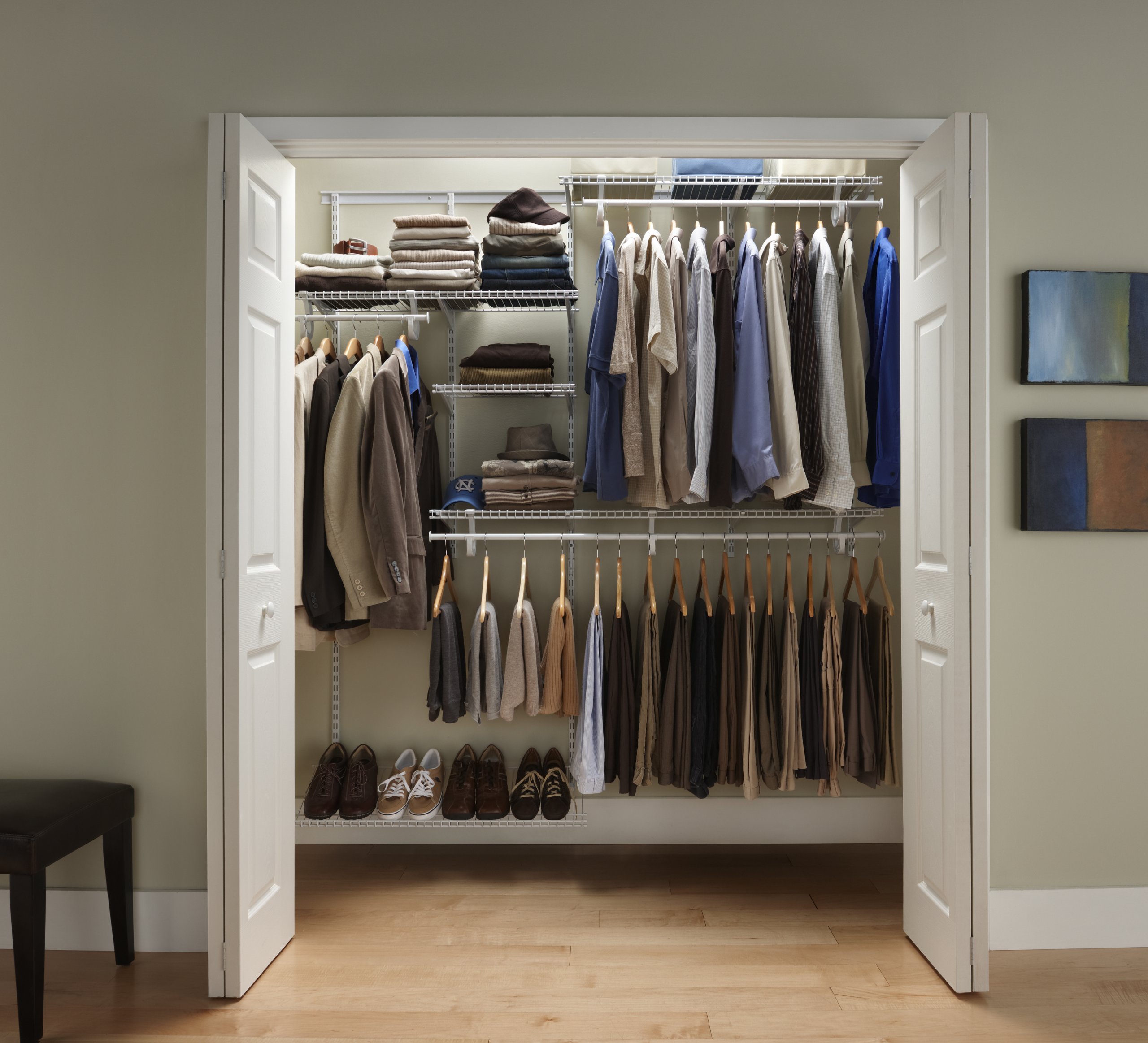 ClosetMaid ShelfTrack Wire Closet Organizer System, Adjustable from 5 to 8 Ft., With Shelves, Clothes Rods, Shoe Shelf, Hardware, Durable Steel, White