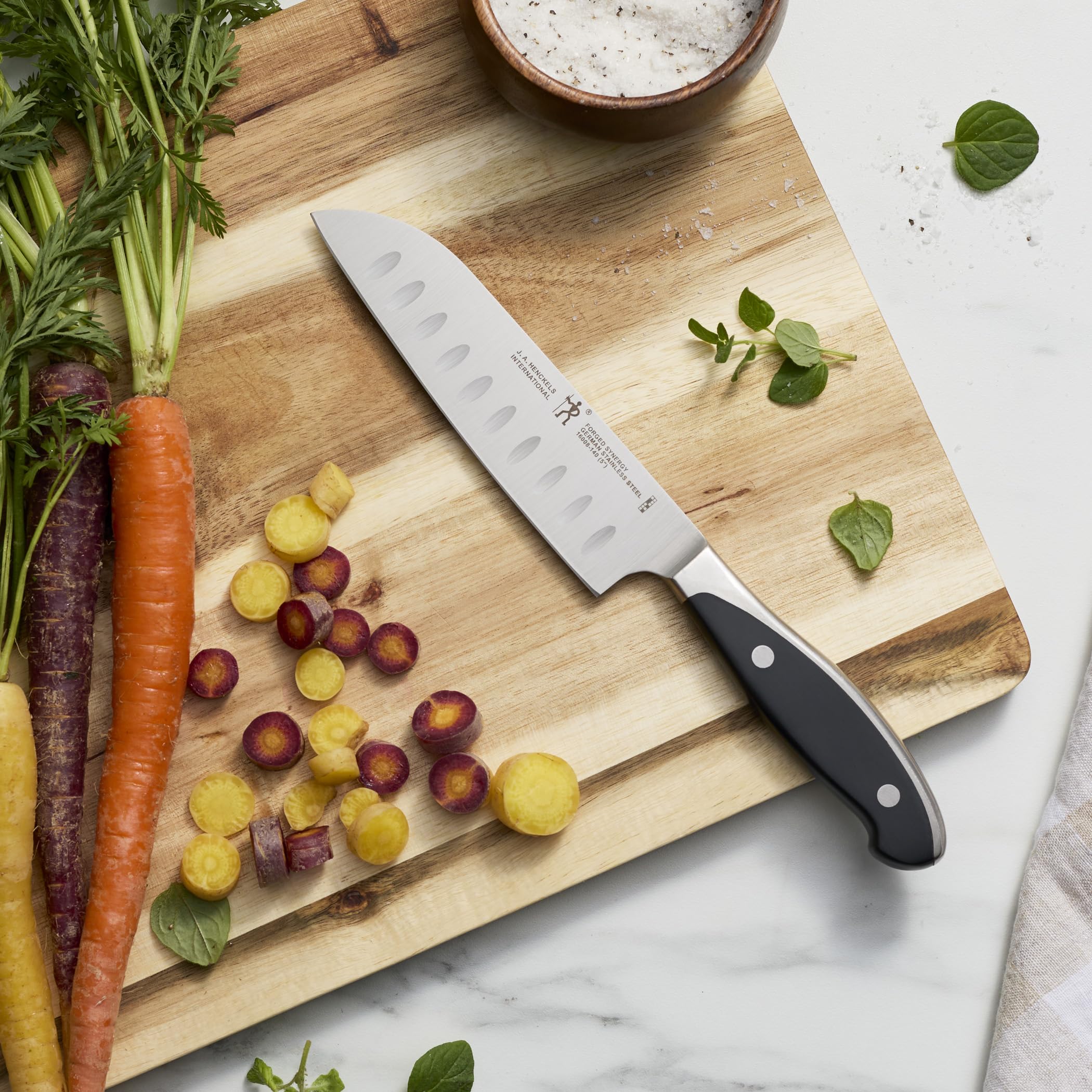 HENCKELS Forged Synergy Hollow Edge Santoku Knife, 5-inch, Black/Stainless Steel