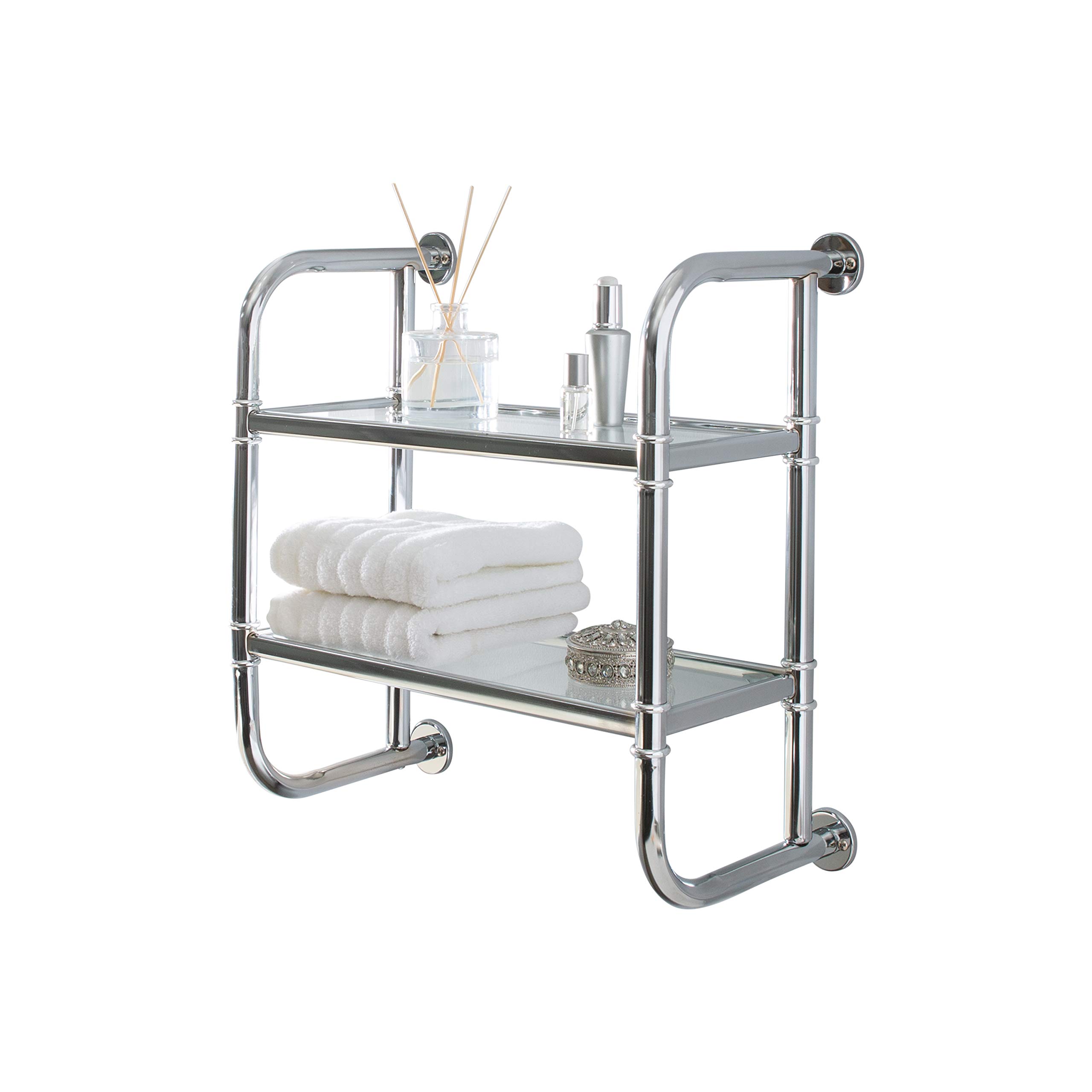 Organize It All 2 Tier Chrome Pipe Mounted Tempered Glass Bathroom Storage Shelf