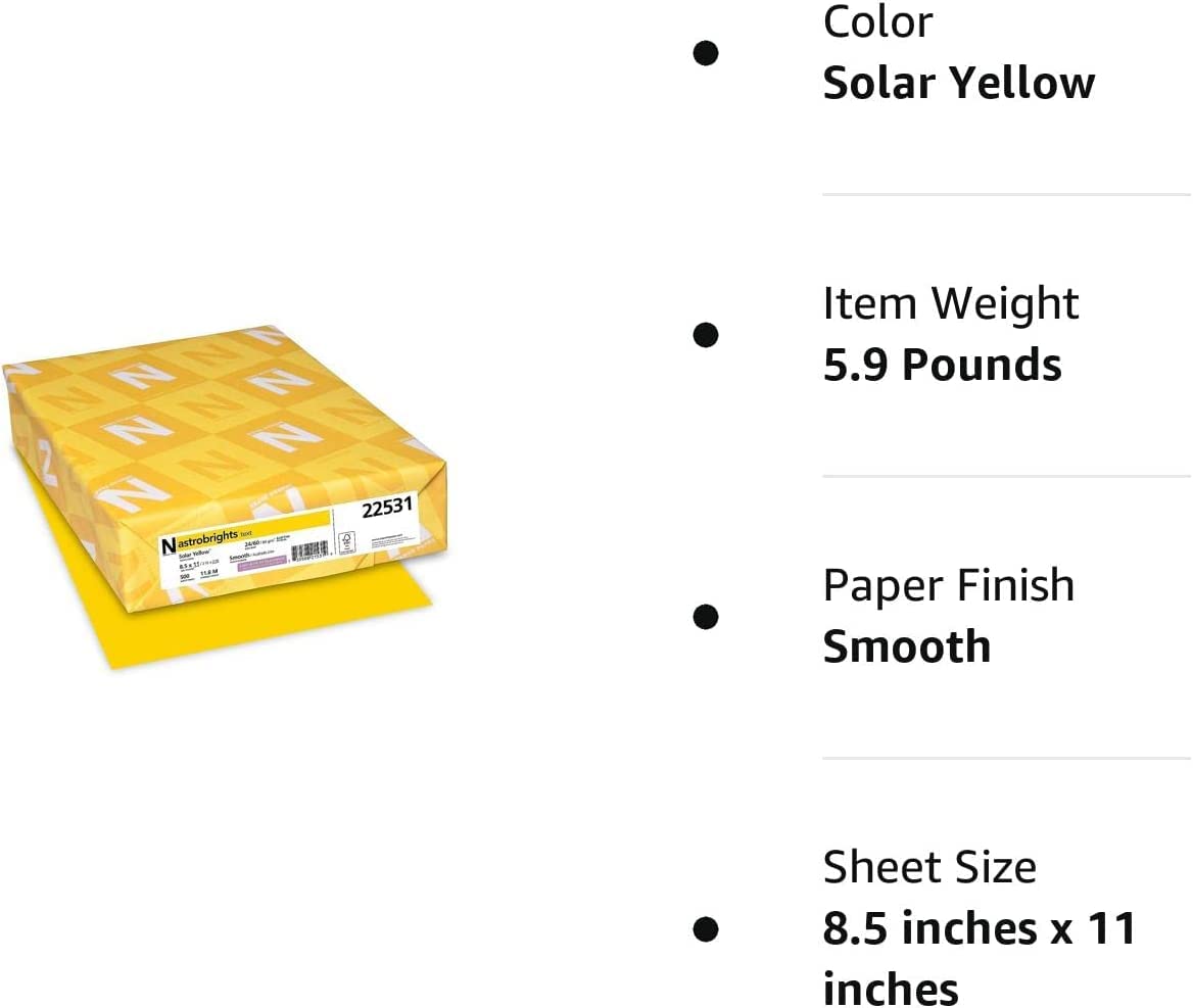 Neenah Wausau Paper 22531 Astrobrights Color Paper, 8.5” x 11”, 24 lb / 89 GSM, Solar Yellow, 500 Sheets