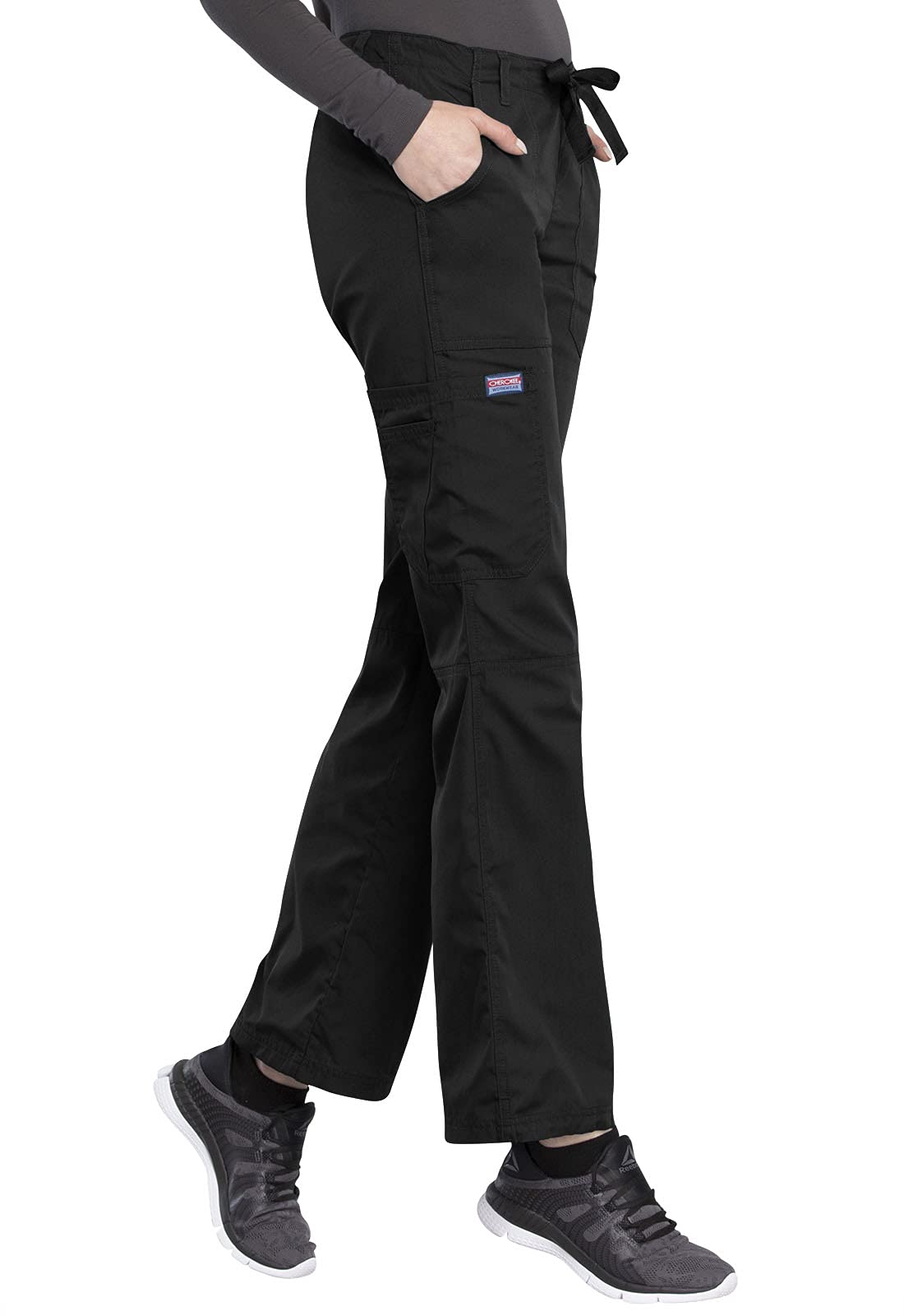 Cherokee Women's Low Rise Drawstring Cargo Scrub Pant, Black, Medium