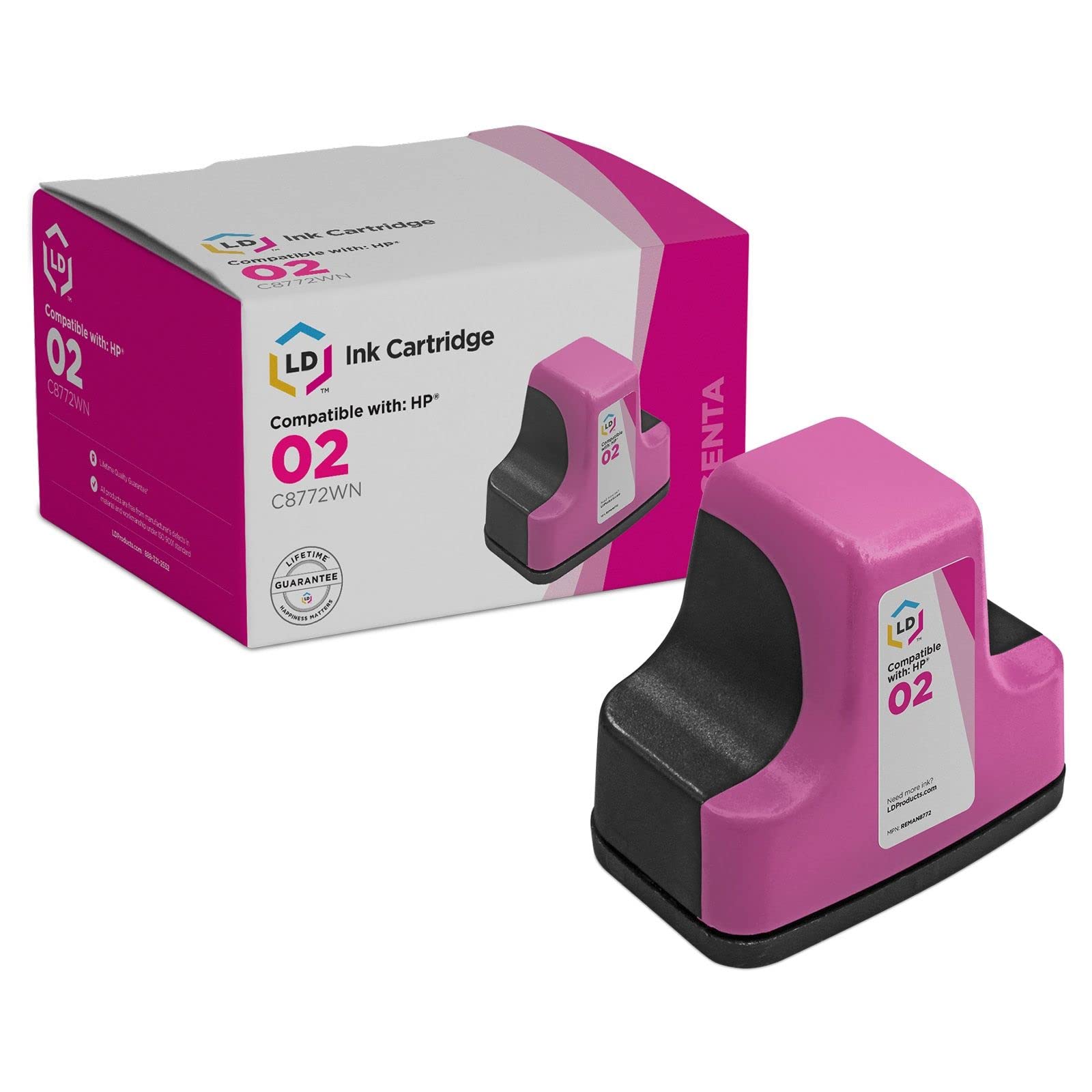 LD Products Remanufactured Replacement for HP 02 Ink Cartridges C8772WN with Smart Chip (Magenta, Single-Pack) for PhotoSmart C5180 C6180 C6280 C7250 C7280 C8180 D7145 D7155 D7160 D7168 D7245 D7255