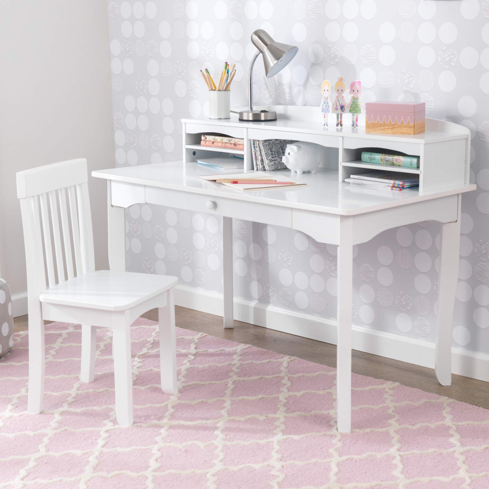 KidKraft Avalon Wooden Children's Desk with Hutch, Chair and Storage, White, Gift for Ages 5-10, 41.75 Inch
