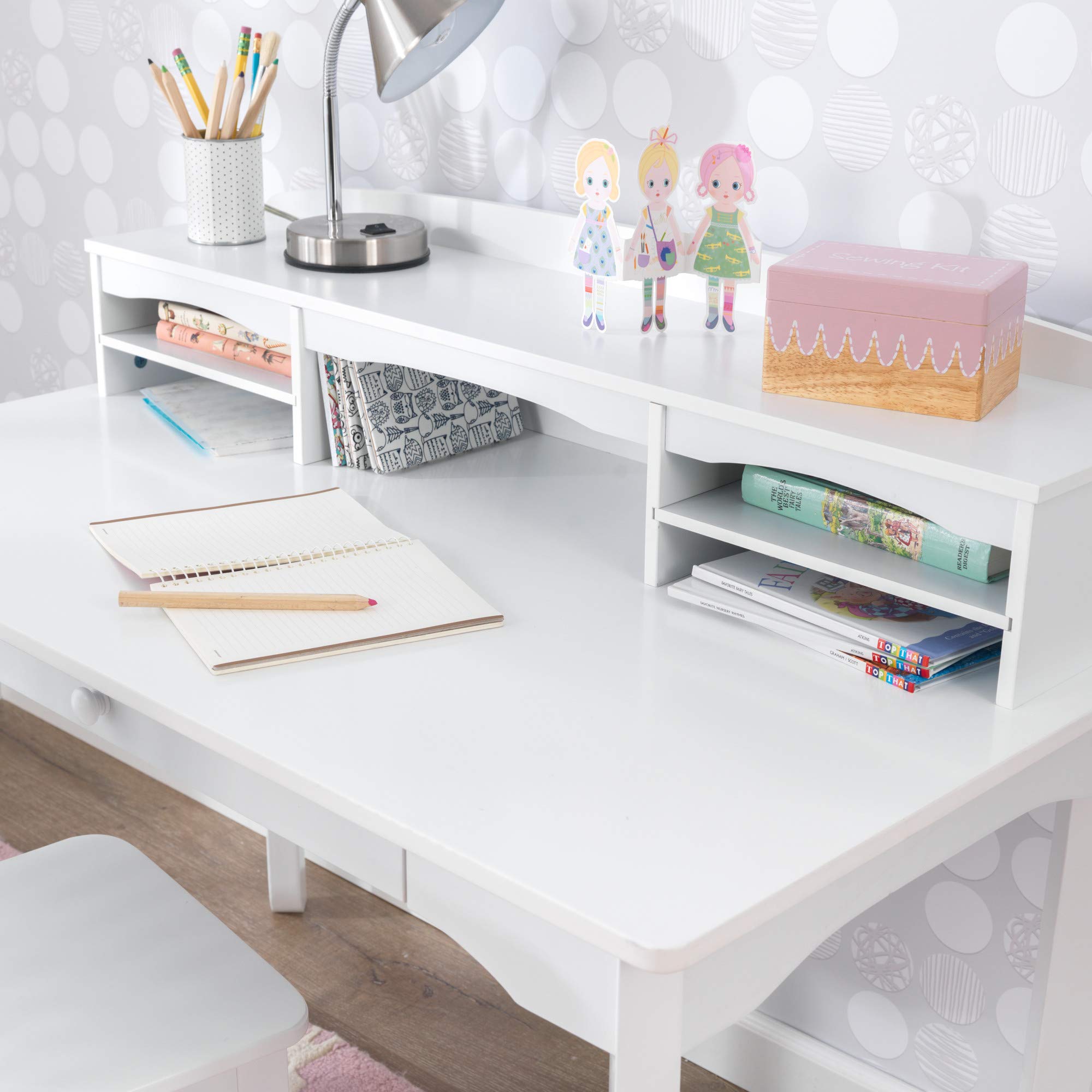 KidKraft Avalon Wooden Children's Desk with Hutch, Chair and Storage, White, Gift for Ages 5-10, 41.75 Inch