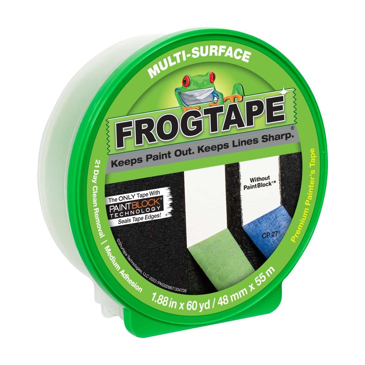FROGTAPE 1358464 Multi-Surface Painter's Tape with PAINTBLOCK, Medium Adhesion, 1.88" Wide x 60 Yards Long, Green