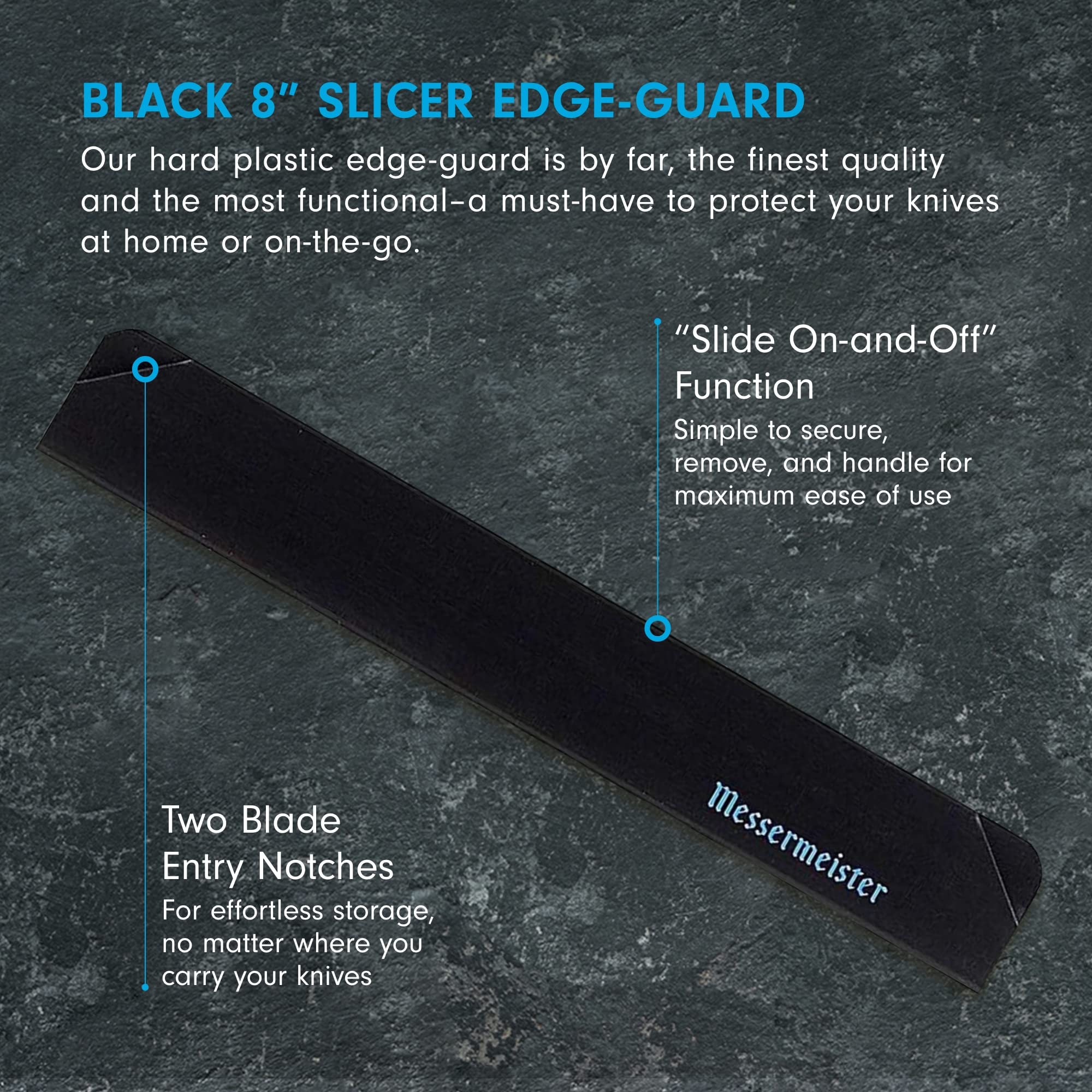 Messermeister 8β Slicer Edge-Guard, Black - Fashionable & Functional Knife Protector for Carving & Slim-Blade Knives - 2 Blade Entry Notches - 8.5β x 0.9375β