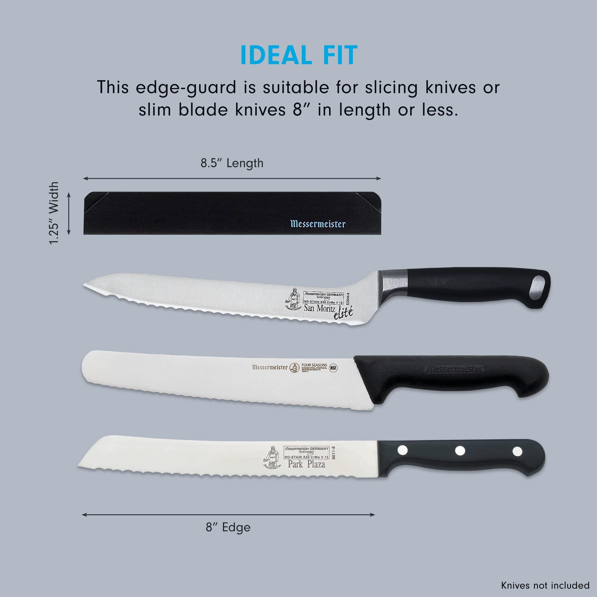 Messermeister 8β Slicer Edge-Guard, Black - Fashionable & Functional Knife Protector for Carving & Slim-Blade Knives - 2 Blade Entry Notches - 8.5β x 0.9375β