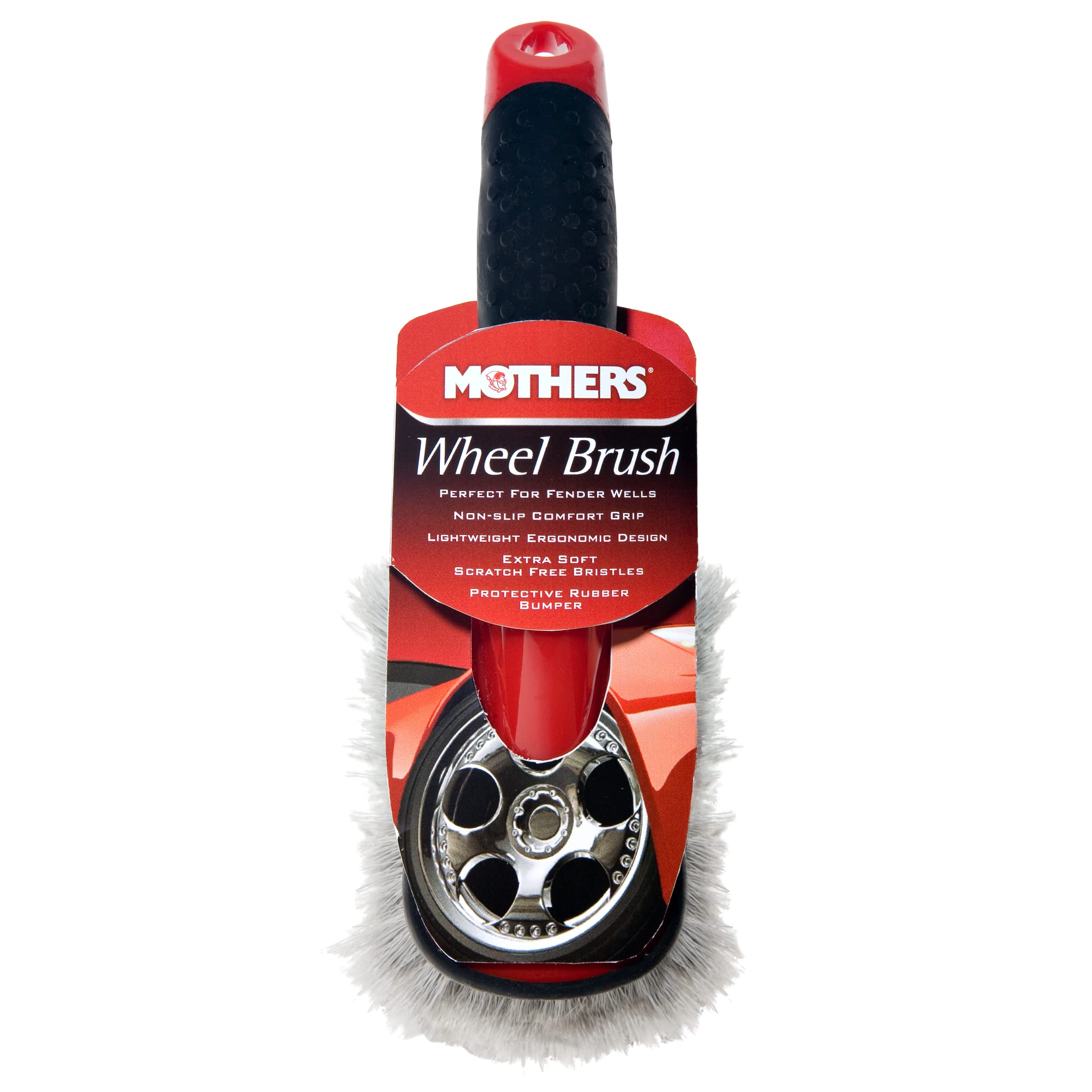 Mothers Car Wash Brush, Wheel and Fender Brush, Short Handle Tire Cleaner for Car Detailing, 12 Inch, Red/Black