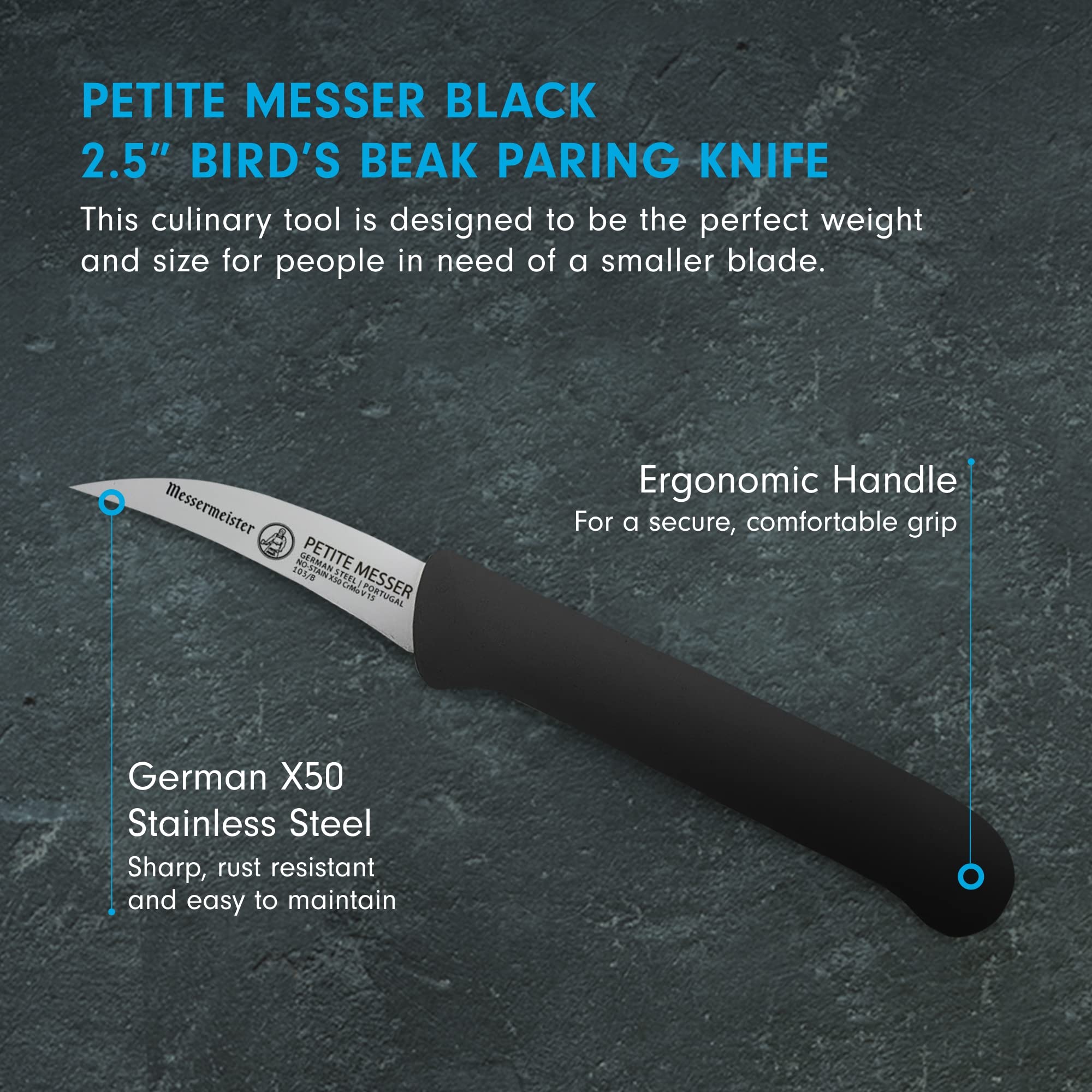 Messermeister Petite Messer 2.5” Bird’s Beak Parer with Matching Sheath, Black - German 1.4116 Stainless Steel & Ergonomic Handle - Lightweight, Rust Resistant & Easy to Maintain