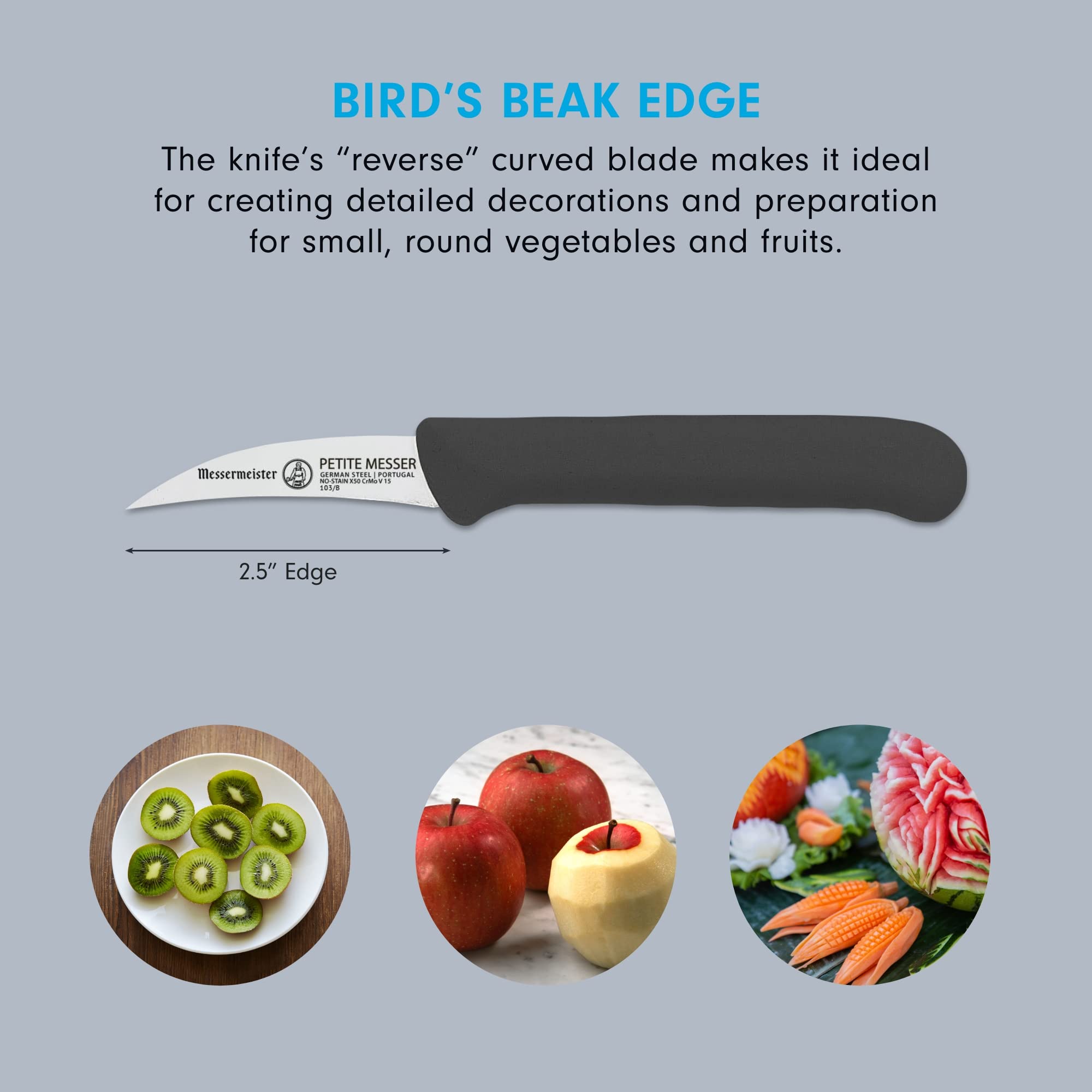 Messermeister Petite Messer 2.5” Bird’s Beak Parer with Matching Sheath, Black - German 1.4116 Stainless Steel & Ergonomic Handle - Lightweight, Rust Resistant & Easy to Maintain