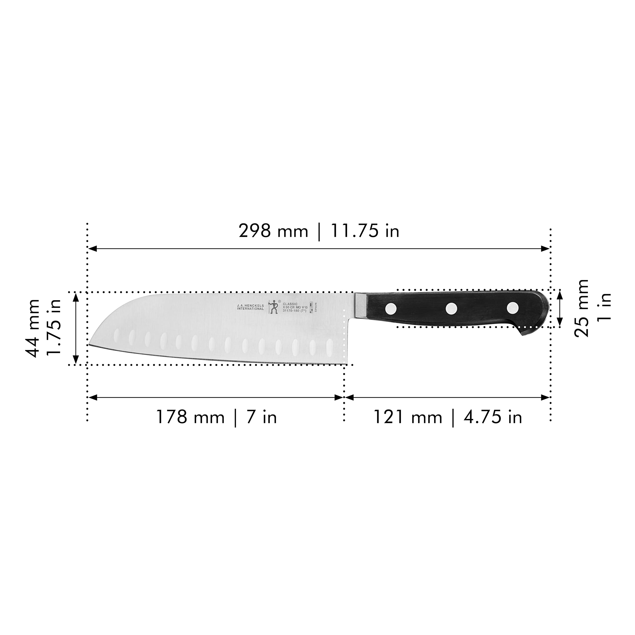 HENCKELS Classic Razor-Sharp 7-inch Hollow Edge Santoku Knife, German Engineered Informed by 100+ Years of Mastery
