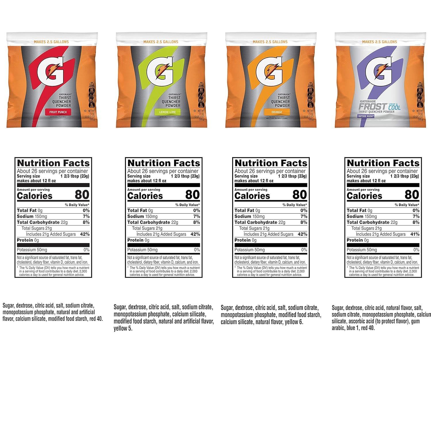 Gatorade - 3944 Powder Variety Pack (Lemon-Lime, Orange, Fruit Punch, Riptide Rush), 21-Ounce Pouches (Pack of 32)