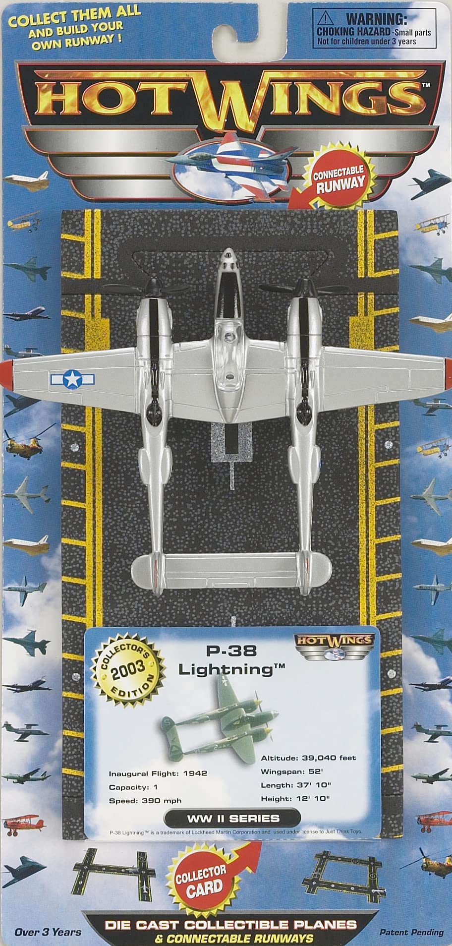 Hot Wings Planes P-38 Lightning with Connectible Runway Die Cast Plane,Grey