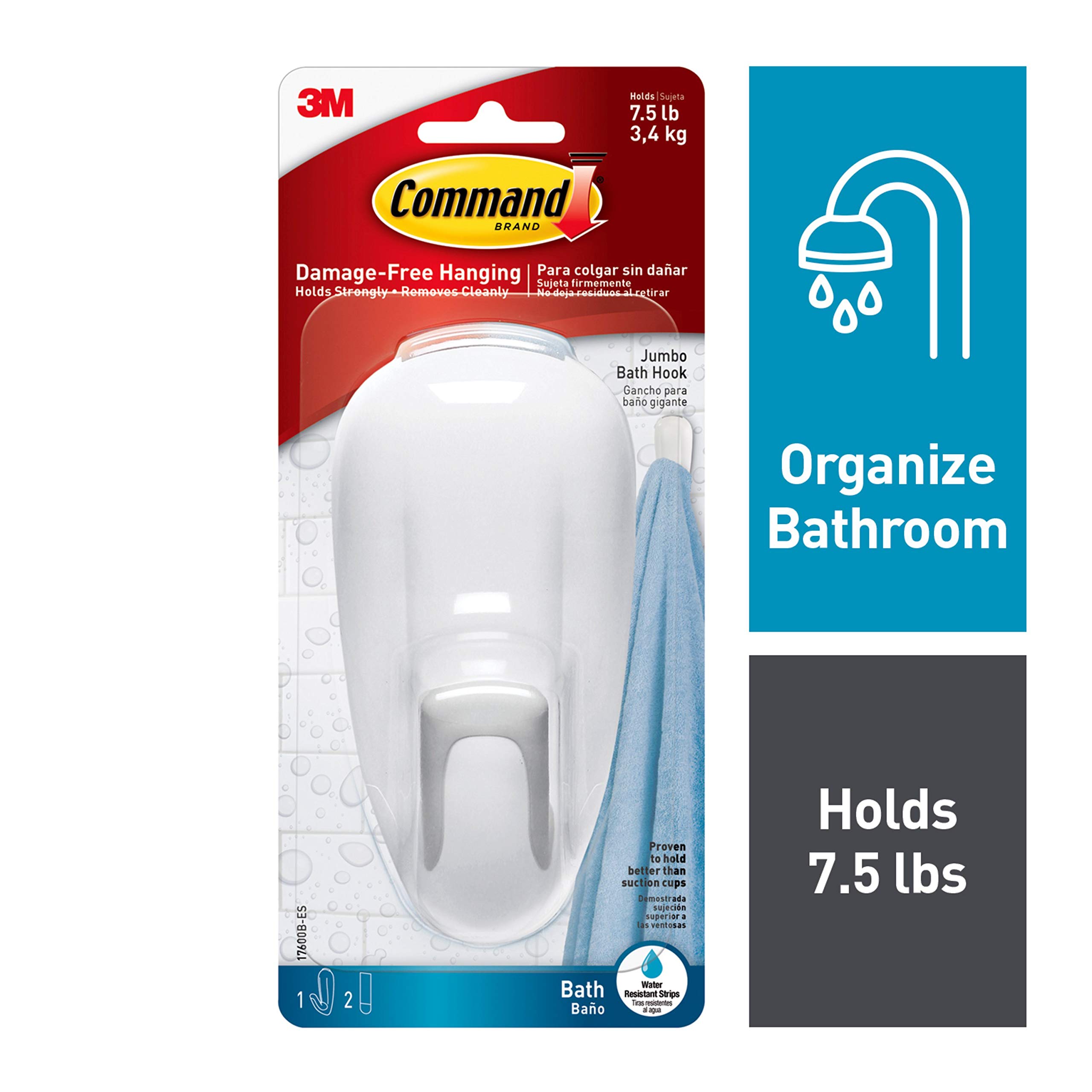 Command 17600B-ES Bathroom Water-Resistant, 1-Hook, 2-Strips, Organize Damage-Free HARDWARE, 0