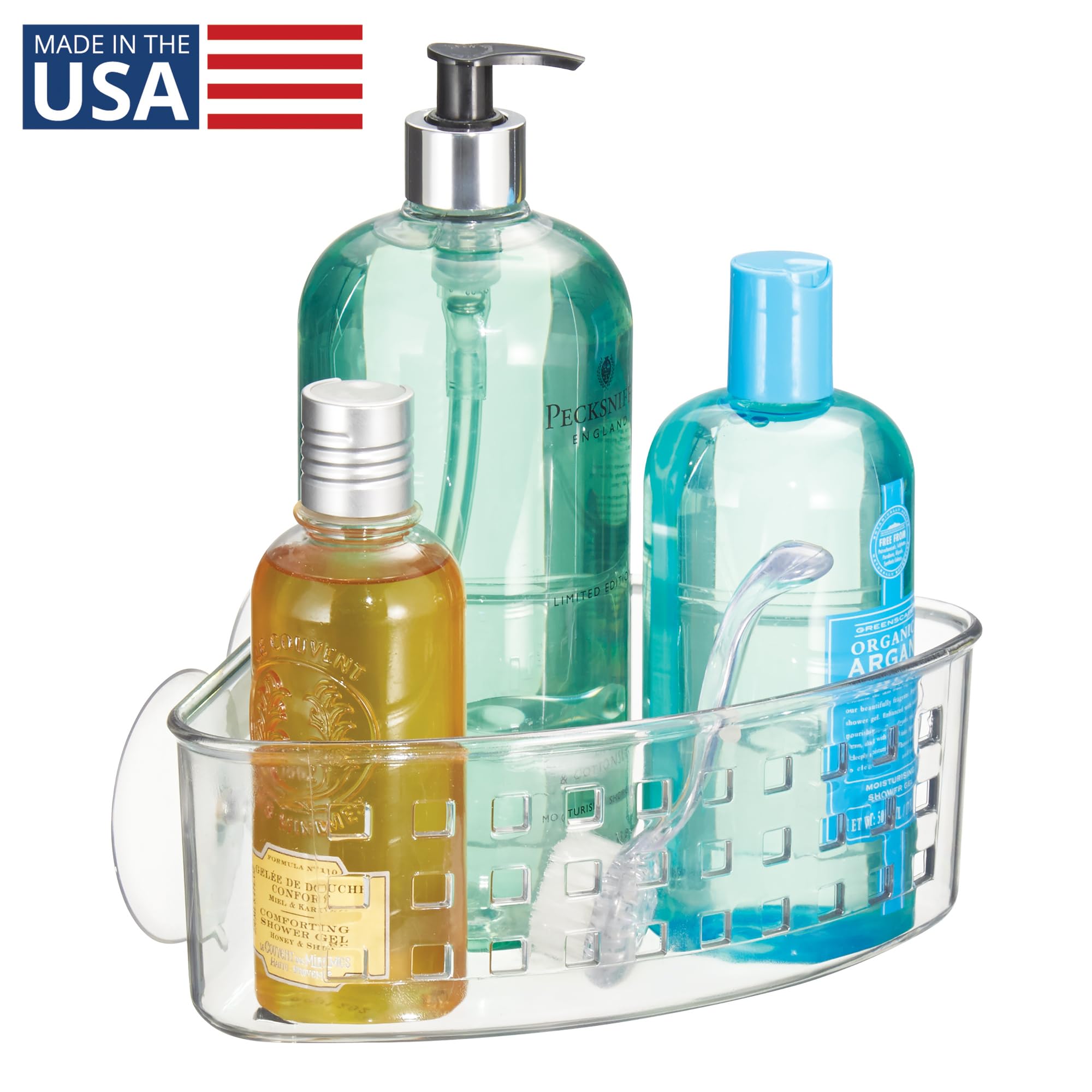 iDesign Plastic Suction Shower Caddy Basket for Shampoo, Conditioner, Soap, Creams, Towels, Razors, Loofahs in Master, Guest, Kid's Bathroom, 7.25" x 4.5" x 6.5", Clear