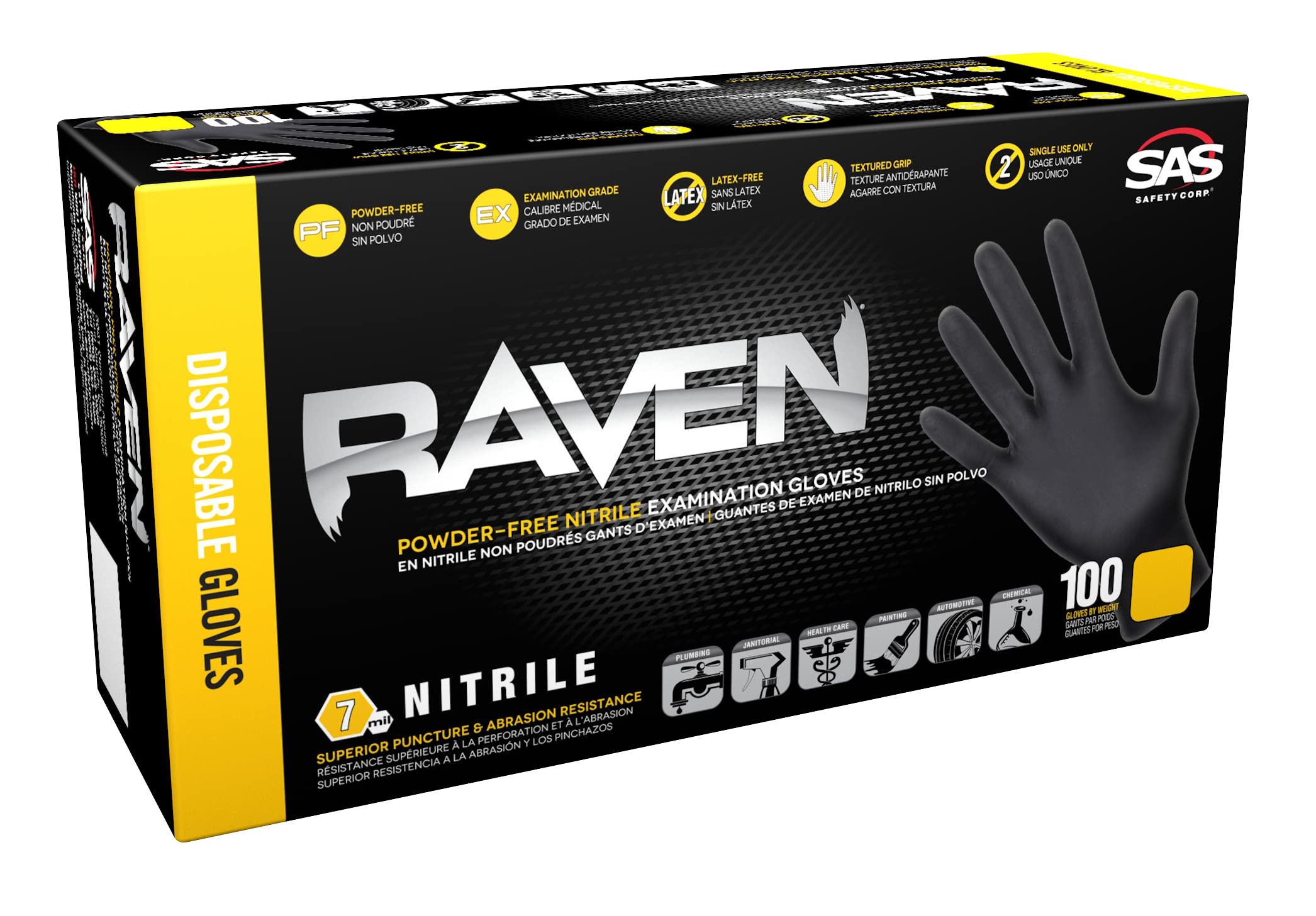 SAS Safety 66518 Raven Powder-Free Disposable Black Nitrile 7-Mil Gloves, Large, 100 Gloves by Weight