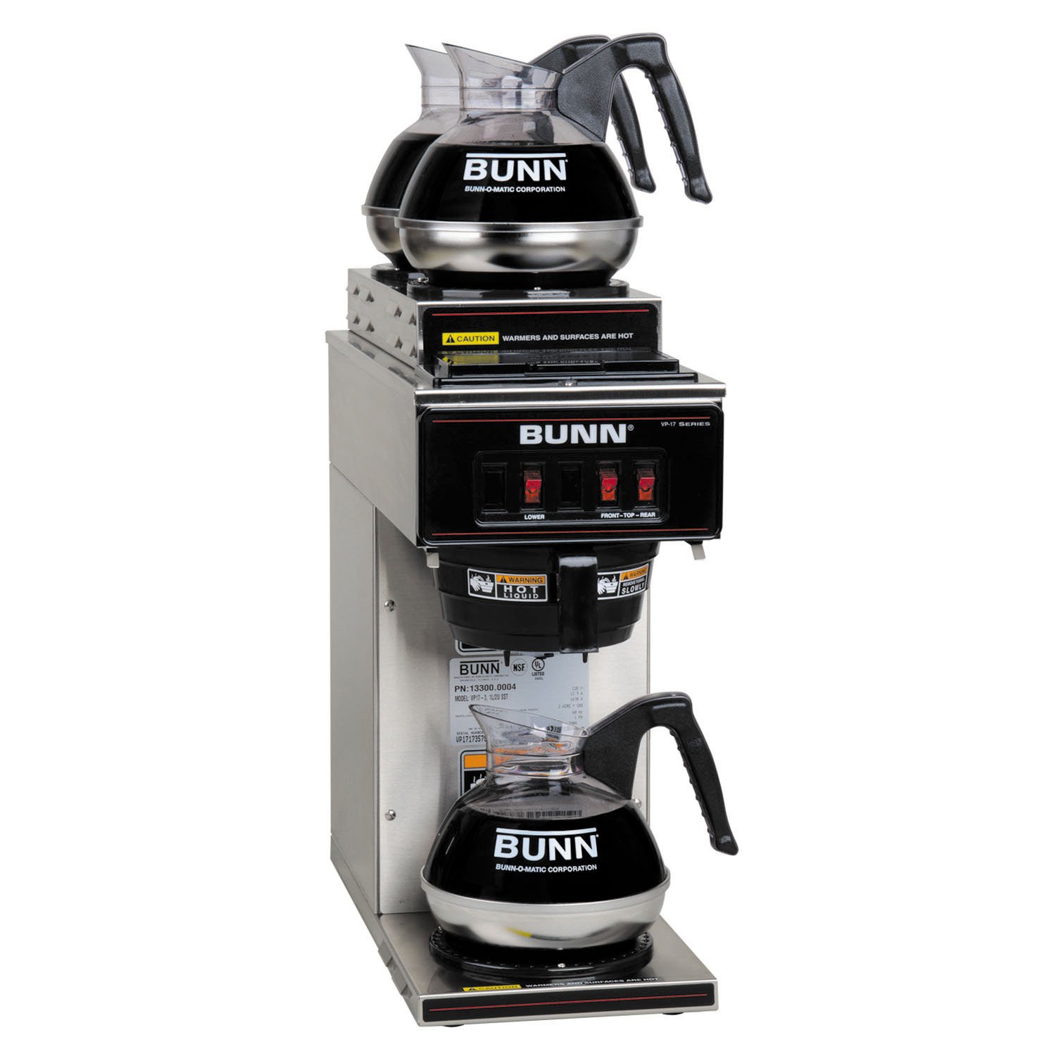 BUNN 13300.0004 VP17-3SS2U Pourover Commercial Coffee Brewer with One Lower and Two Upper Warmers, Stainless Steel