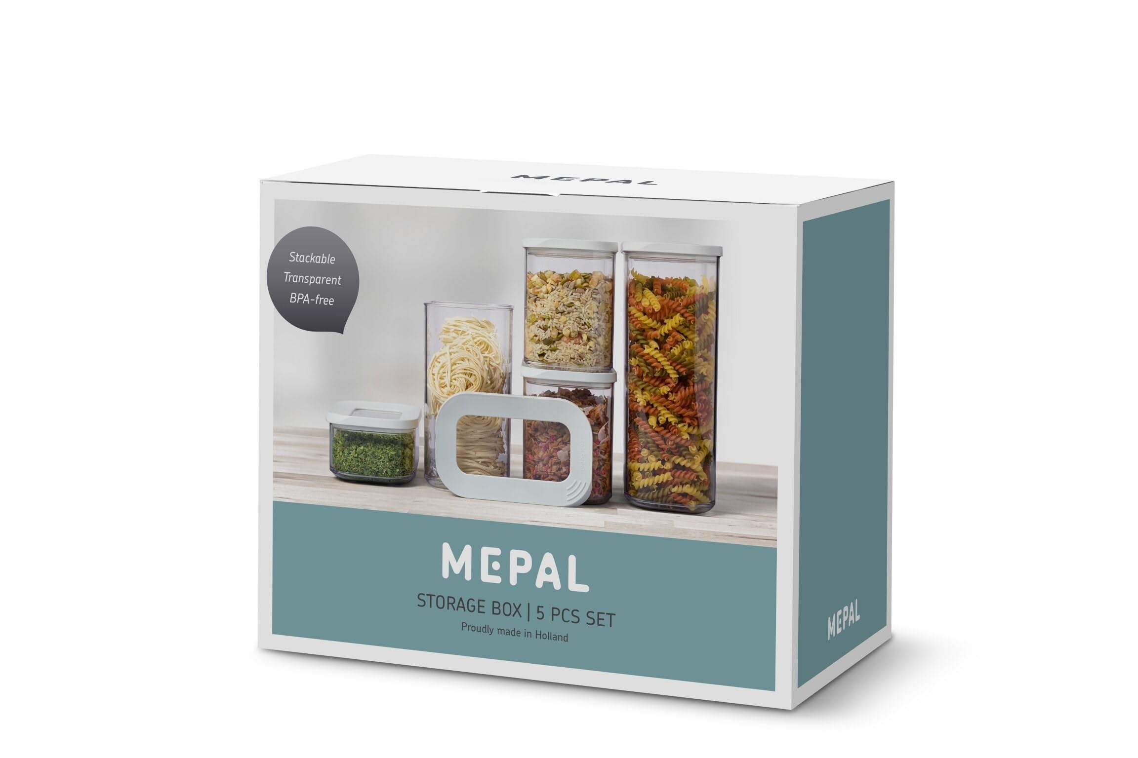 Mepal MODULA 5 Piece Food Storage Box Set for Cereal or Pasta with 3 Transparent Lids, Airtight, BPA Free, 1 Set