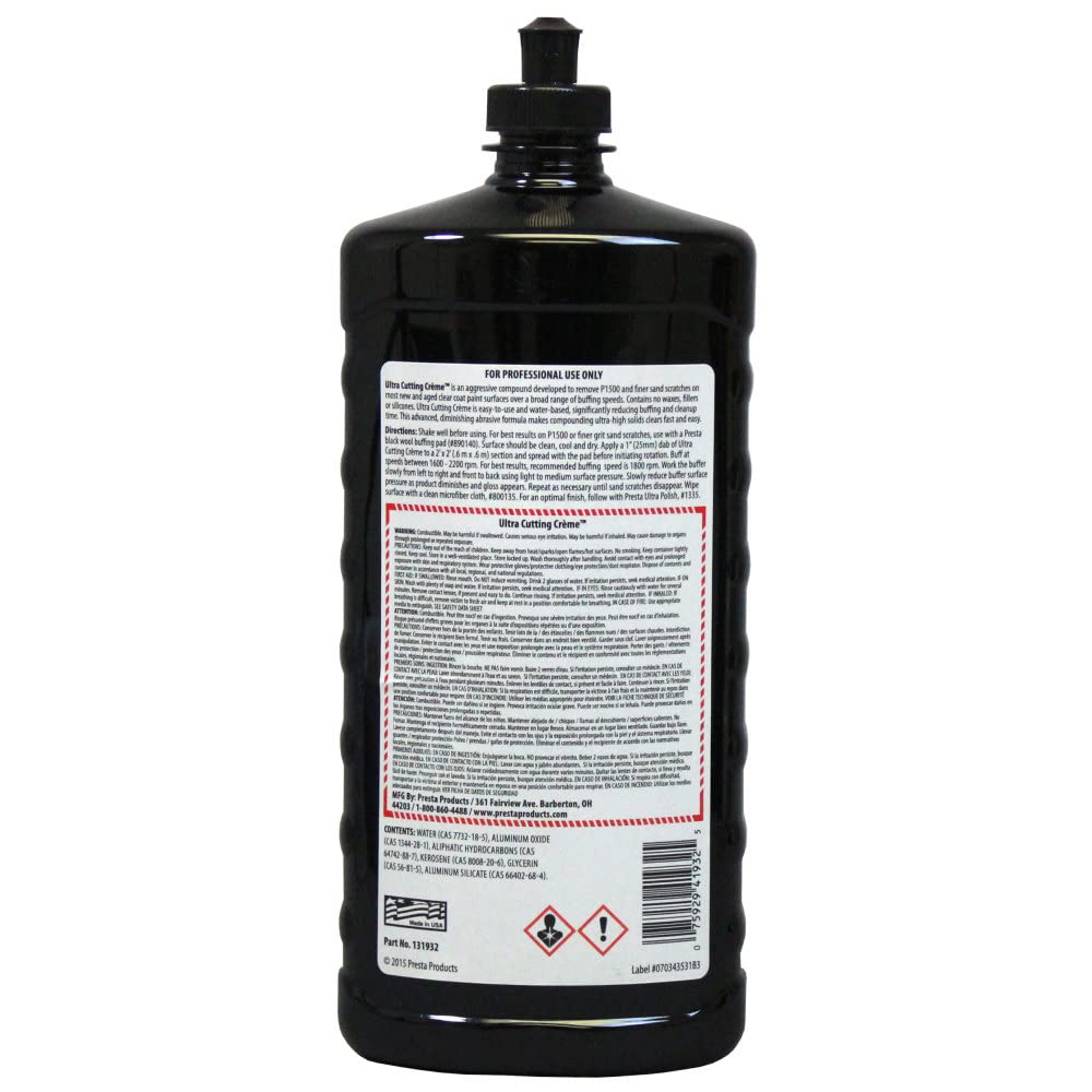 Presta 131932 Ultra Cutting Crème for Removing P1500 Grit, Finer Sand Scratches and Swirls - 32 Oz.