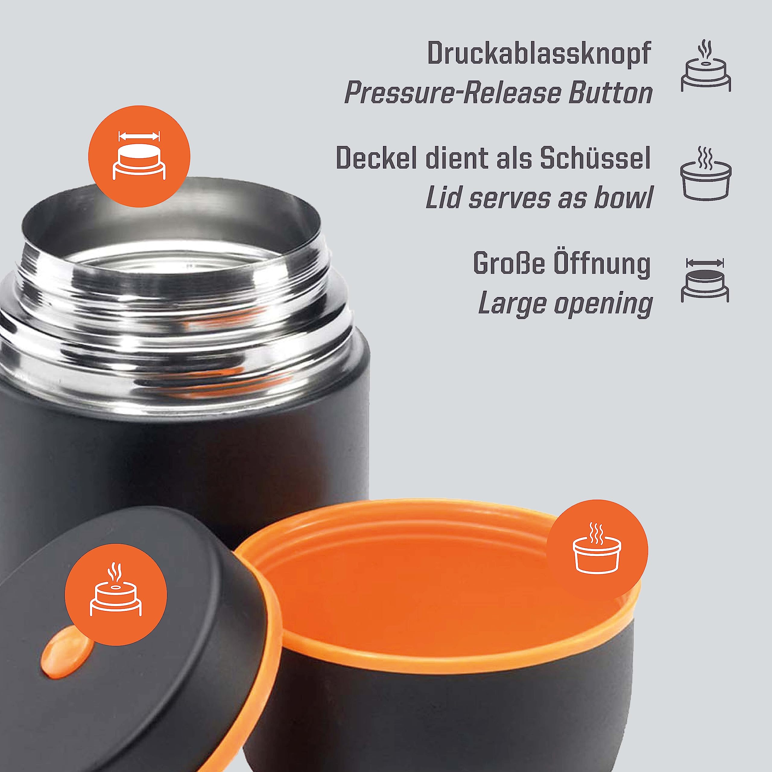 Esbit Stainless Steel Vacuum Food Jug with Double-Wall Insulation, Pressure Release and Bowl Lid - 0.5 Liter