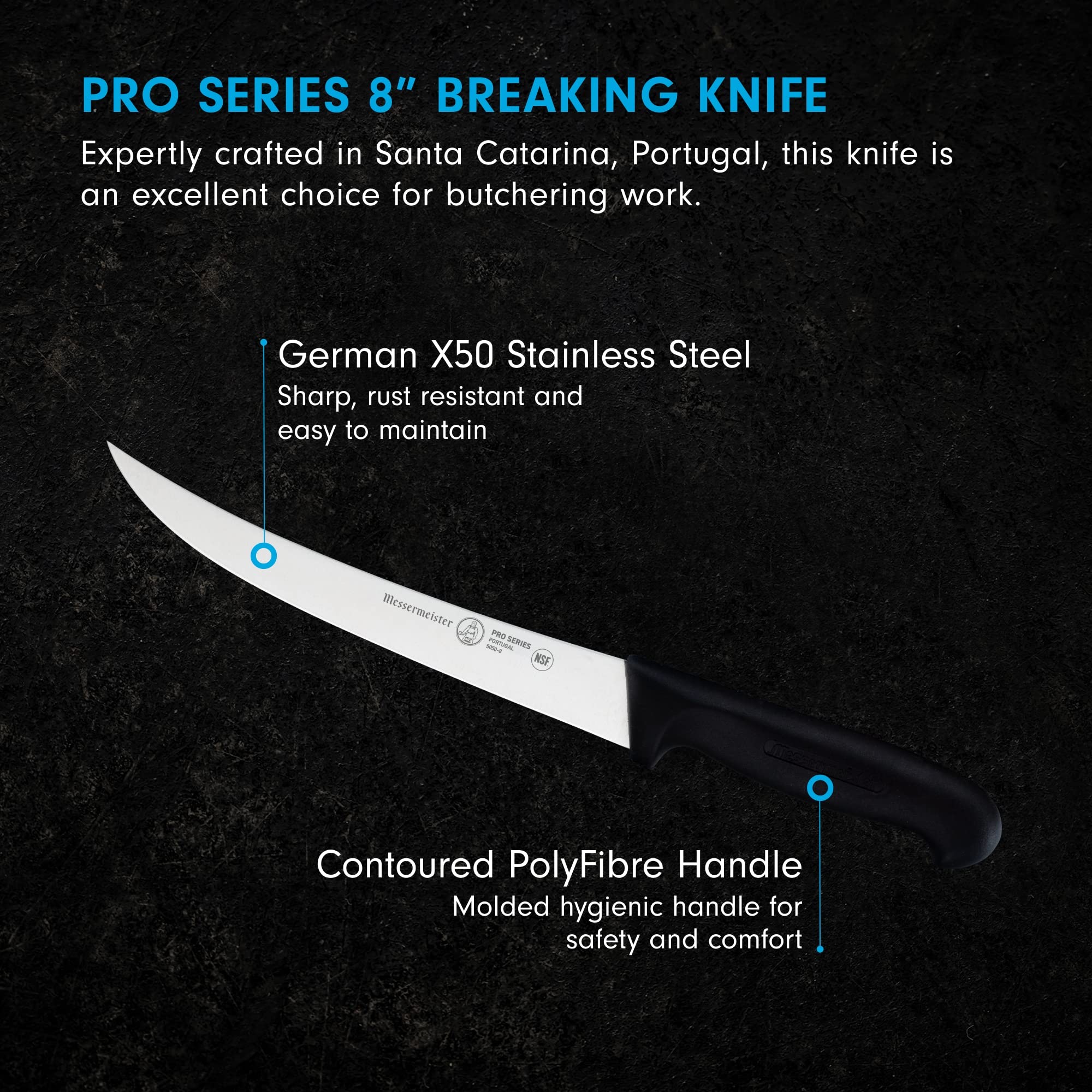 Messermeister Pro Series 8” Breaking Knife - German X50 Stainless Steel & NSF-Approved PolyFibre Handle - 15-Degree Edge, Rust Resistant & Easy to Maintain - Made in Portugal