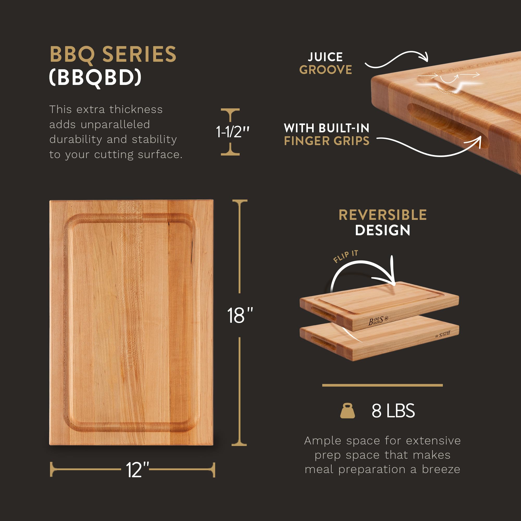 John Boos Block BBQBD Reversible Maple Wood Edge Grain BBQ Cutting Board with Juice Groove, 18 Inches x 12 Inches x 1.5 Inches