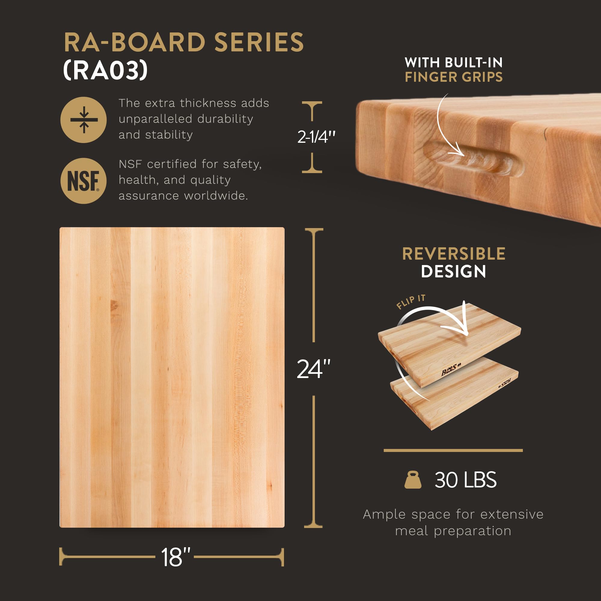 John Boos Block RA03 Maple Wood Edge Grain Reversible Cutting Board, 24 Inches x 18 Inches x 2.25 Inches