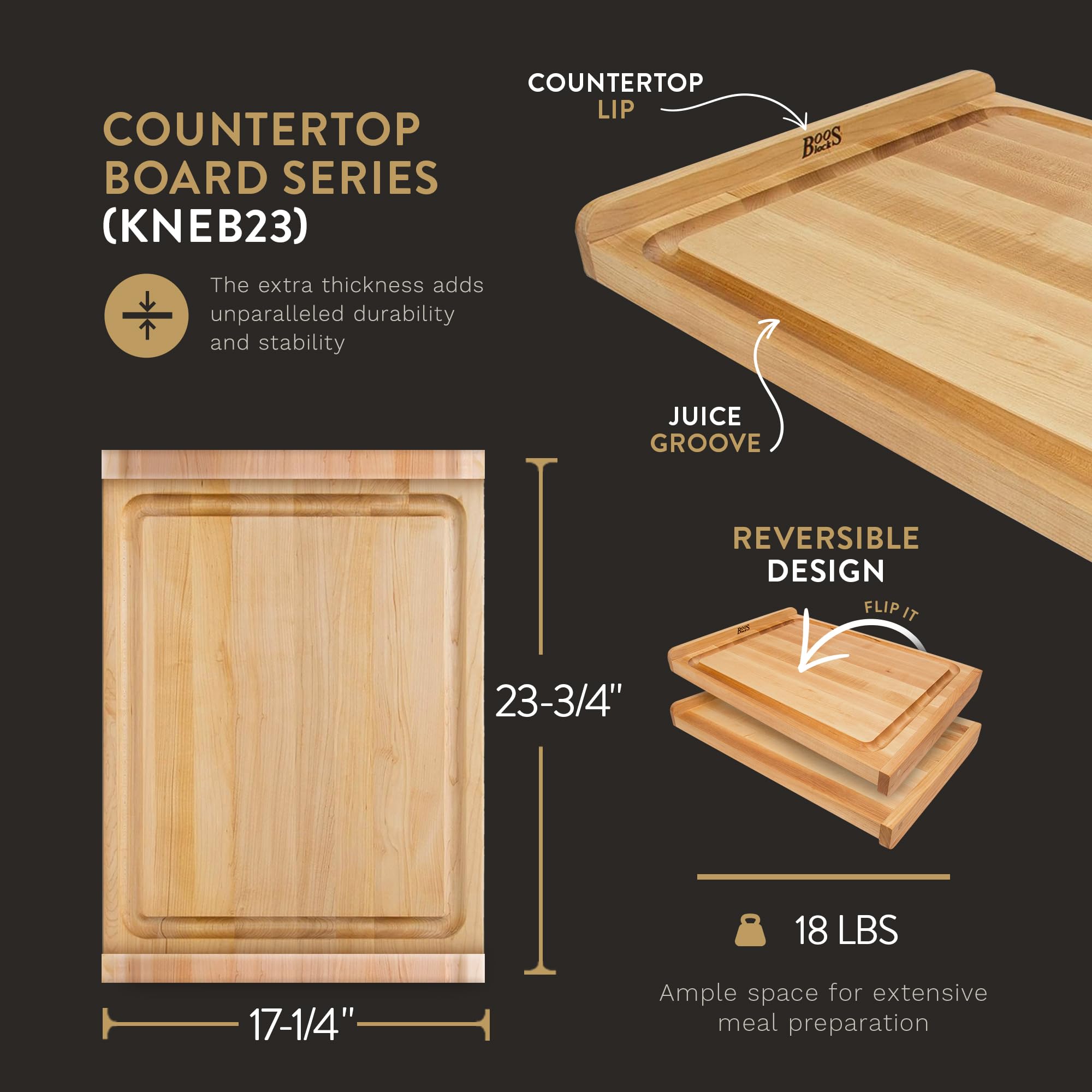 John Boos Block KNEB23 Maple Wood Countertop Reversible Edge Grain Cutting Board with Gravy Groove, 23.75 Inches x 17.25 Inches x 1.25 Inches