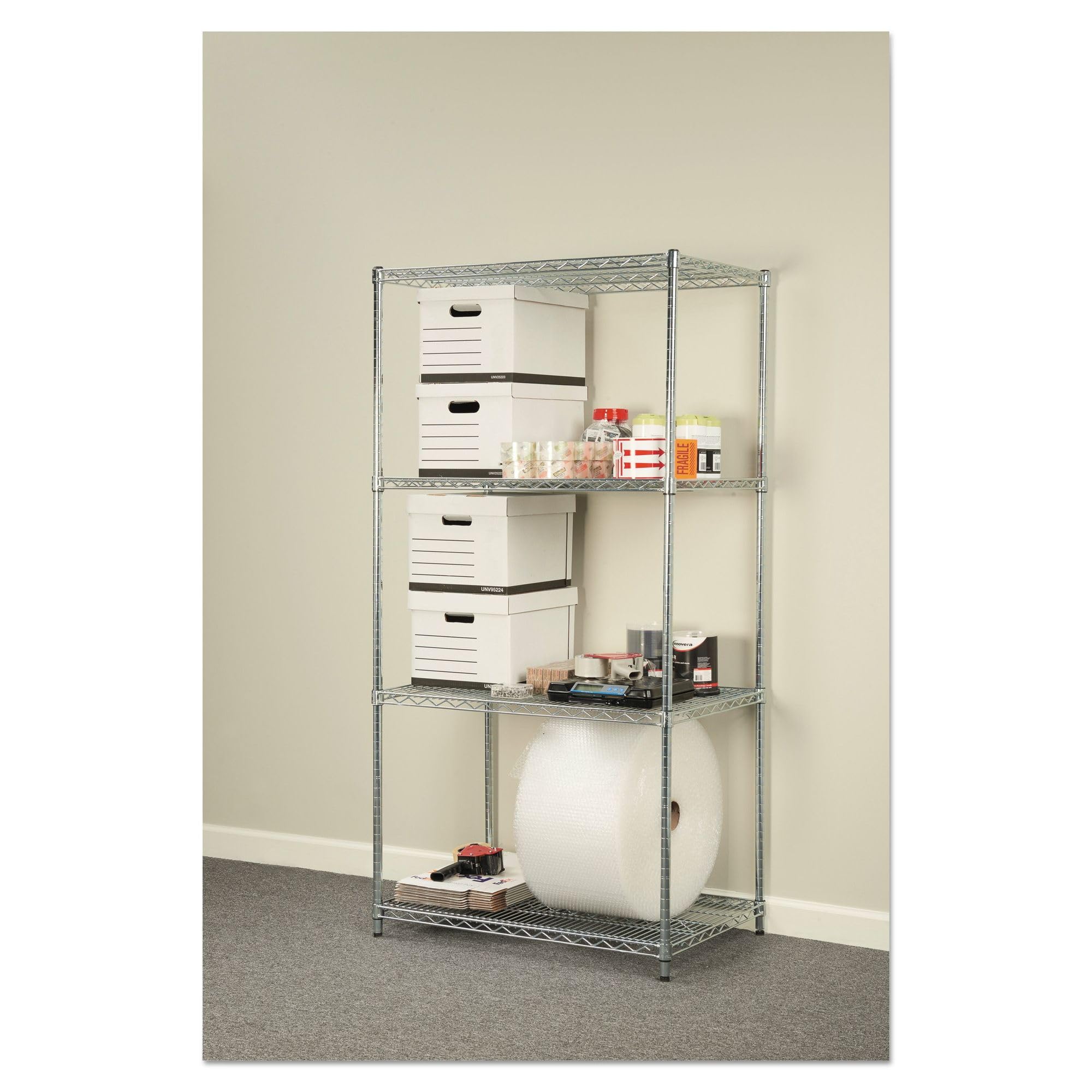 Alera SW503624SR Wire Shelving Starter Kit, 4 Shelves, 36w x 24d x 72h, Silver