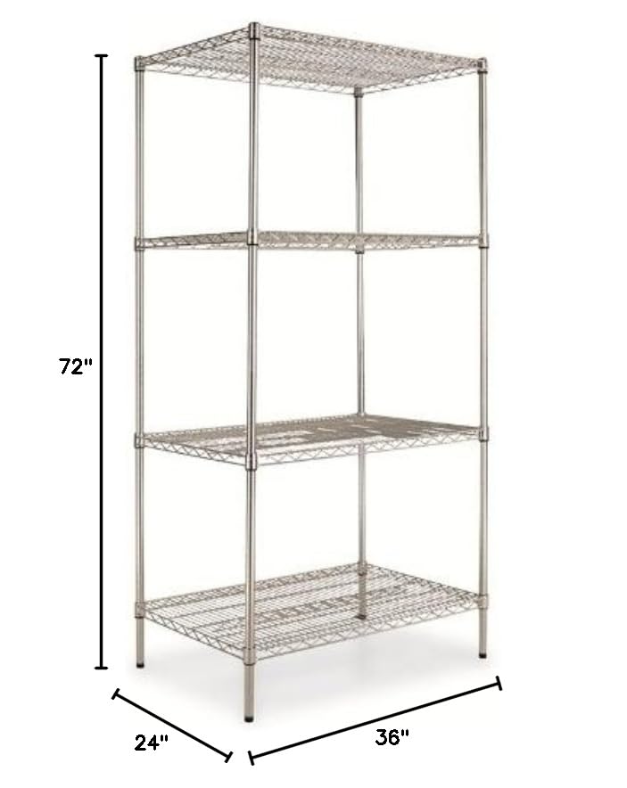 Alera SW503624SR Wire Shelving Starter Kit, 4 Shelves, 36w x 24d x 72h, Silver