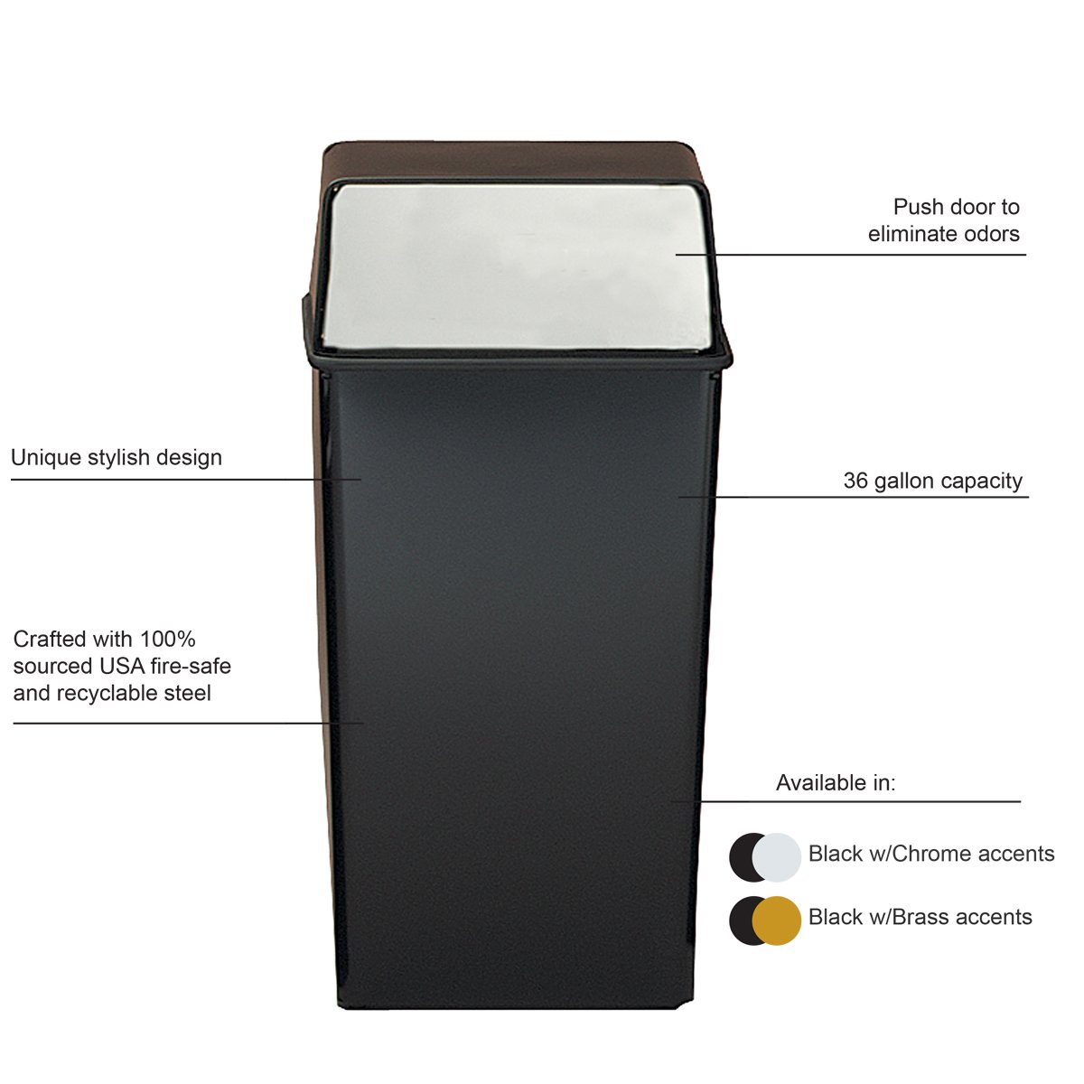 Witt Industries 36HT-22 Steel 36-Gallon Monarch Series Hamper and Push Top Receptacle, Legend "Push", Square, 19" Width x 19" Depth x 37" Height, Black