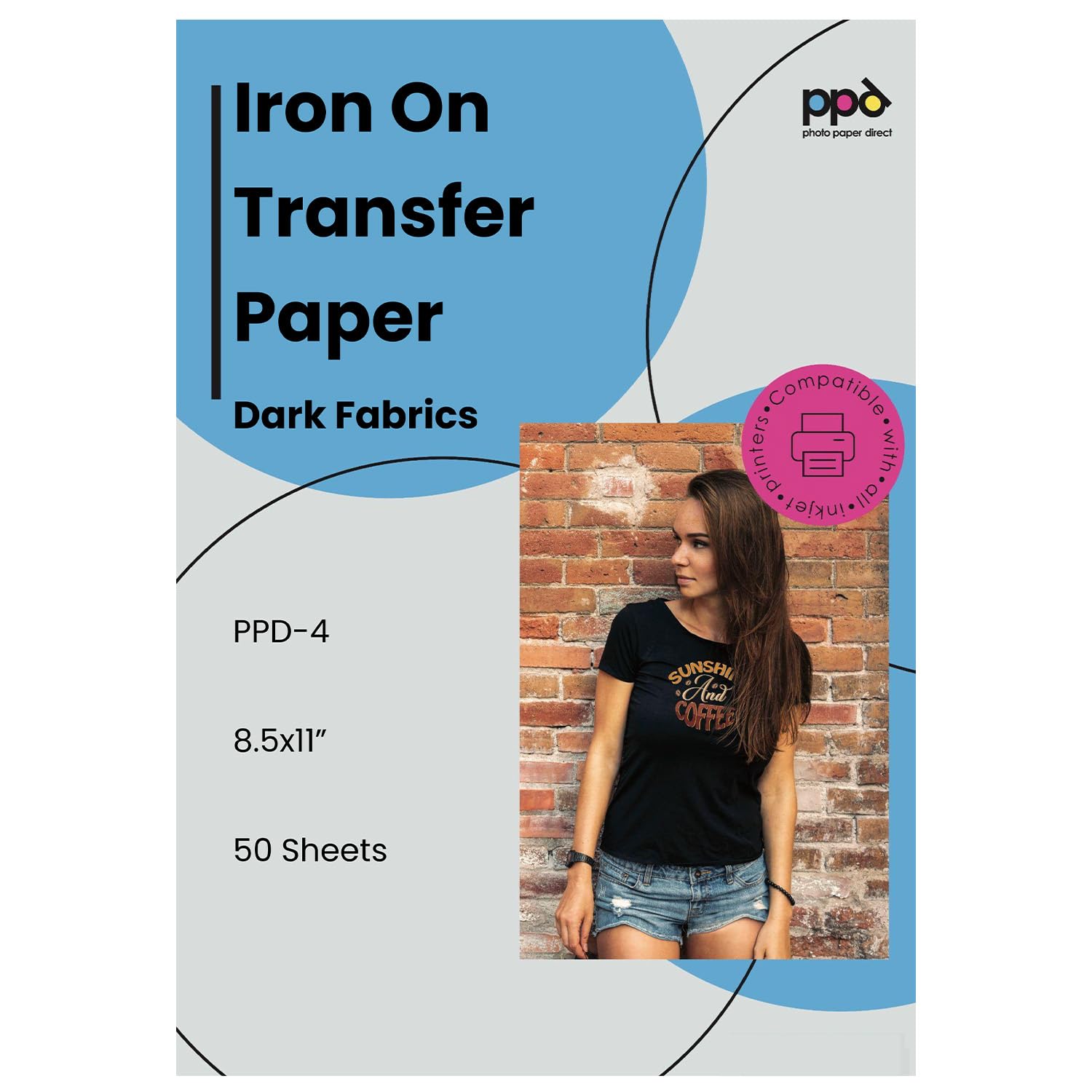 PPD Inkjet Premium Iron-On Dark T Shirt Transfers Paper LTR 8.5x11" Pack of 50 Sheets (PPD004-50)
