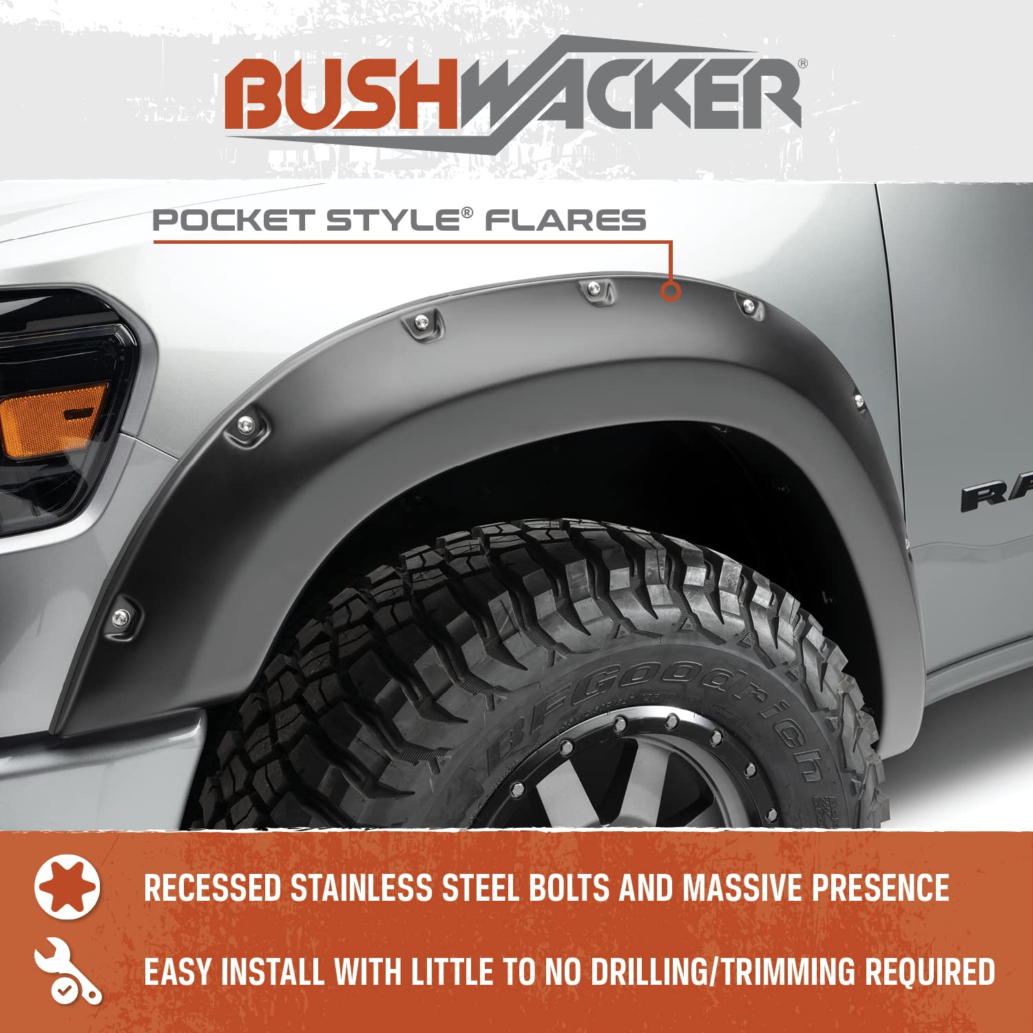 Bushwacker Pocket/Rivet Style Front Fender Flares | 2-Piece Set, Black, Smooth Finish | 70013-02 | Fits 2004-2015 Nissan Titan w/o Lock Box