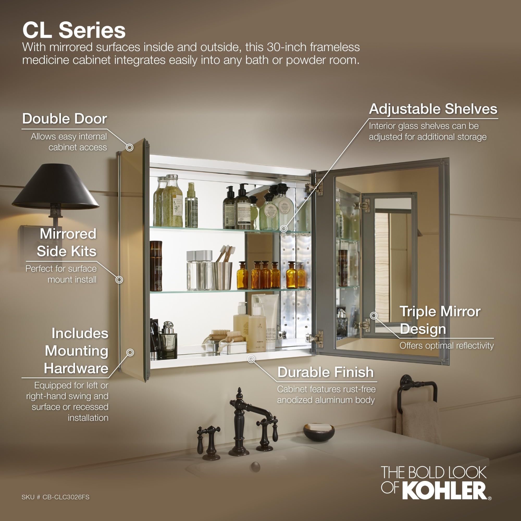 KOHLER CB-CLC3026FS CLC Flat 30" W x 26" H Two Medicine Cabinet with Mirrored Doors, Beveled Edges, 30x26x5 inches, Anodized Aluminum