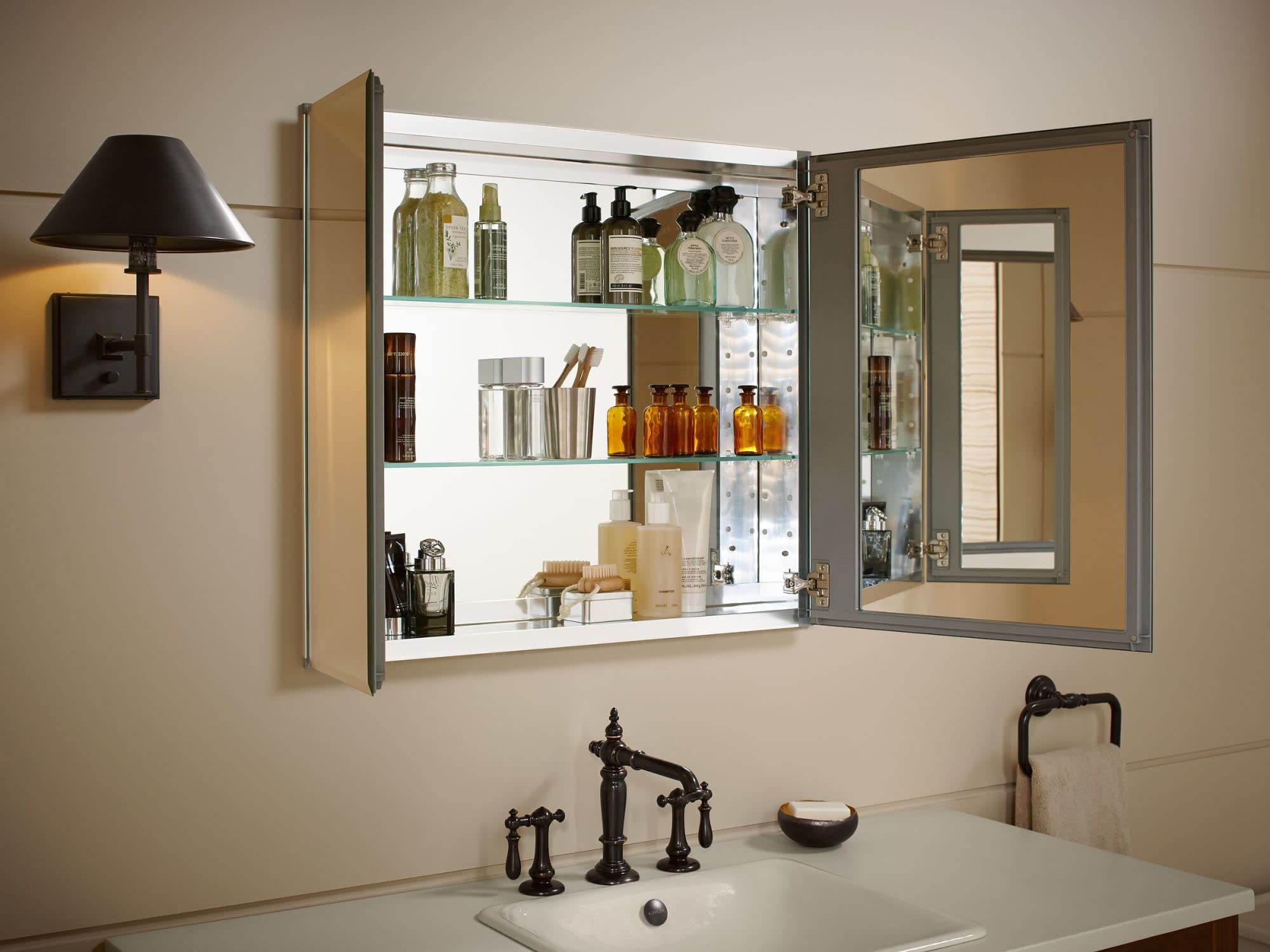 KOHLER CB-CLC3026FS CLC Flat 30" W x 26" H Two Medicine Cabinet with Mirrored Doors, Beveled Edges, 30x26x5 inches, Anodized Aluminum