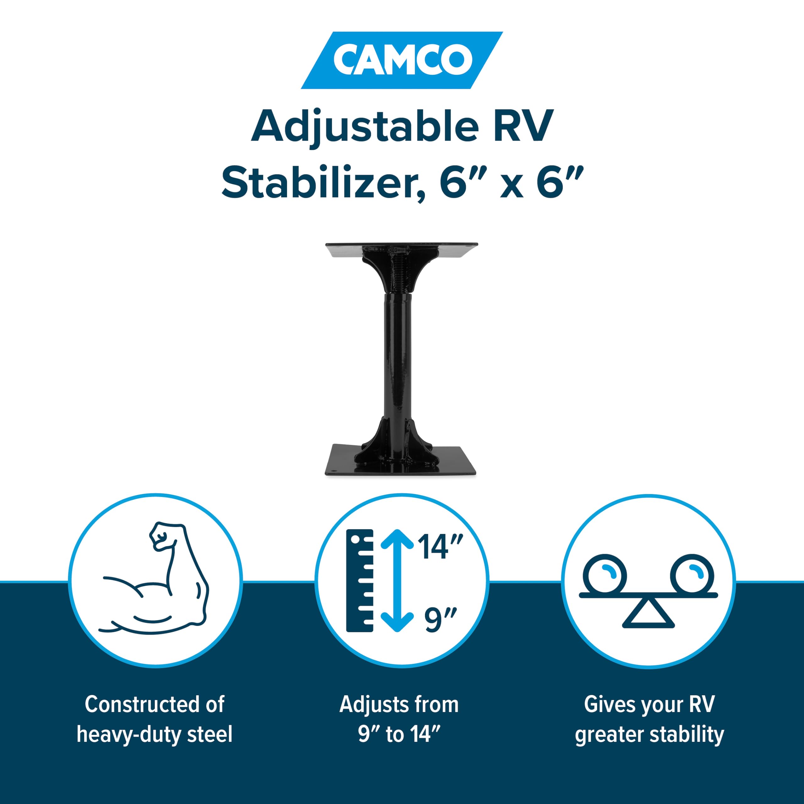 Camco Adjustable RV Stabilizer, 6-Inches x 6-Inches | Gives Your RV Greater Stability Under the Front or Rear (44531) , Black