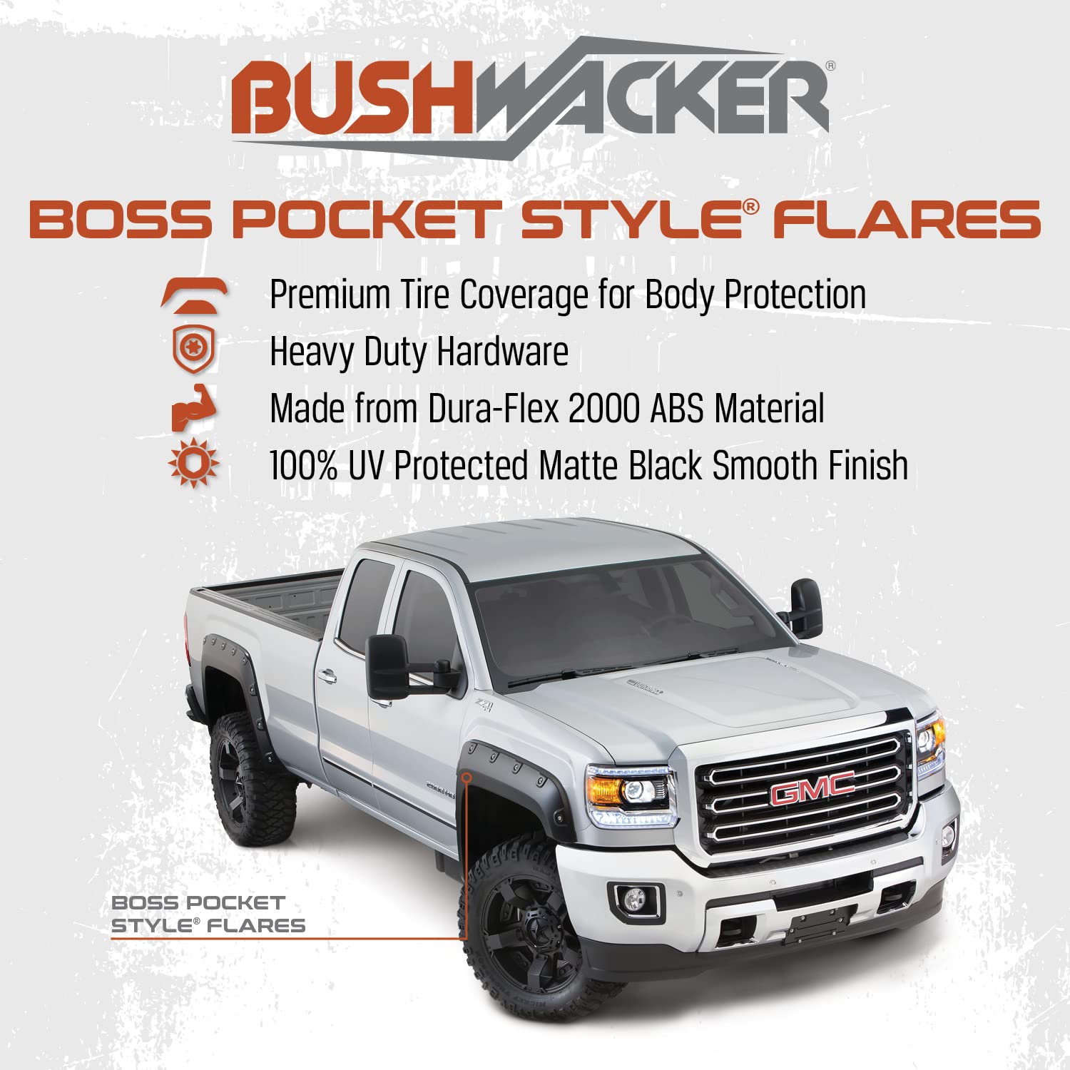 Bushwacker Boss Pocket/Rivet Style Front Fender Flares | 2-Piece Set, Black, Smooth Finish | 40083-02 | Fits 2007-2013 GMC Sierra 1500