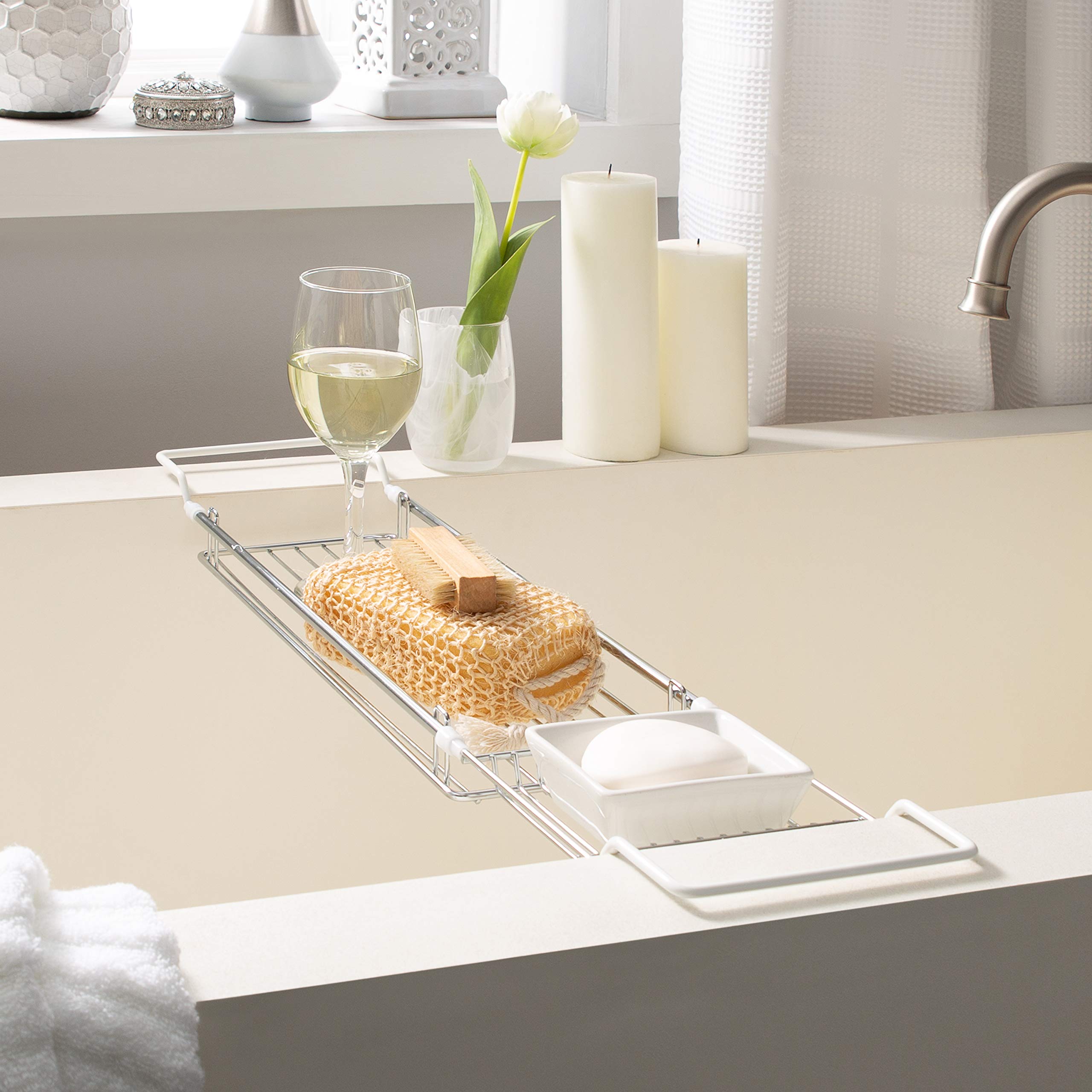 Organize It All Expandable Chrome Bathtub Caddy/Tray | Dimensions : 26.5-39 x 6 x 2.25 | Expandable | Bathroom Tub Organization | Chrome