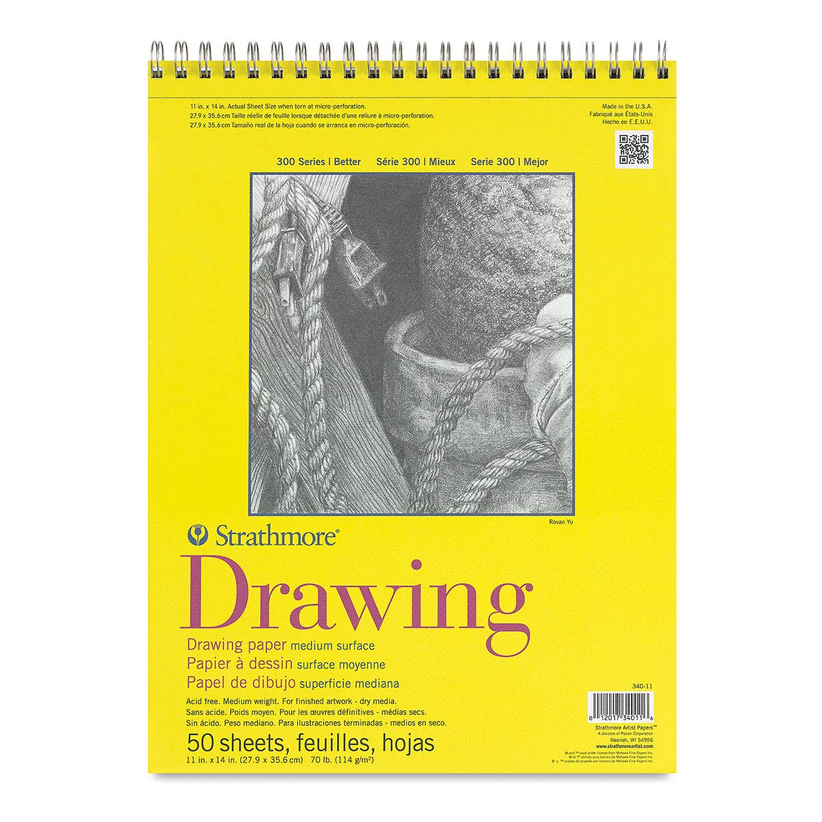 Strathmore 300 Series Drawing Paper Pad, Top Wire Bound, 11x14 inches, 50 Sheets (70lb/114g) - Artist Paper for Adults and Students - Charcoal, Colored Pencil, Ink, Pastel, Marker