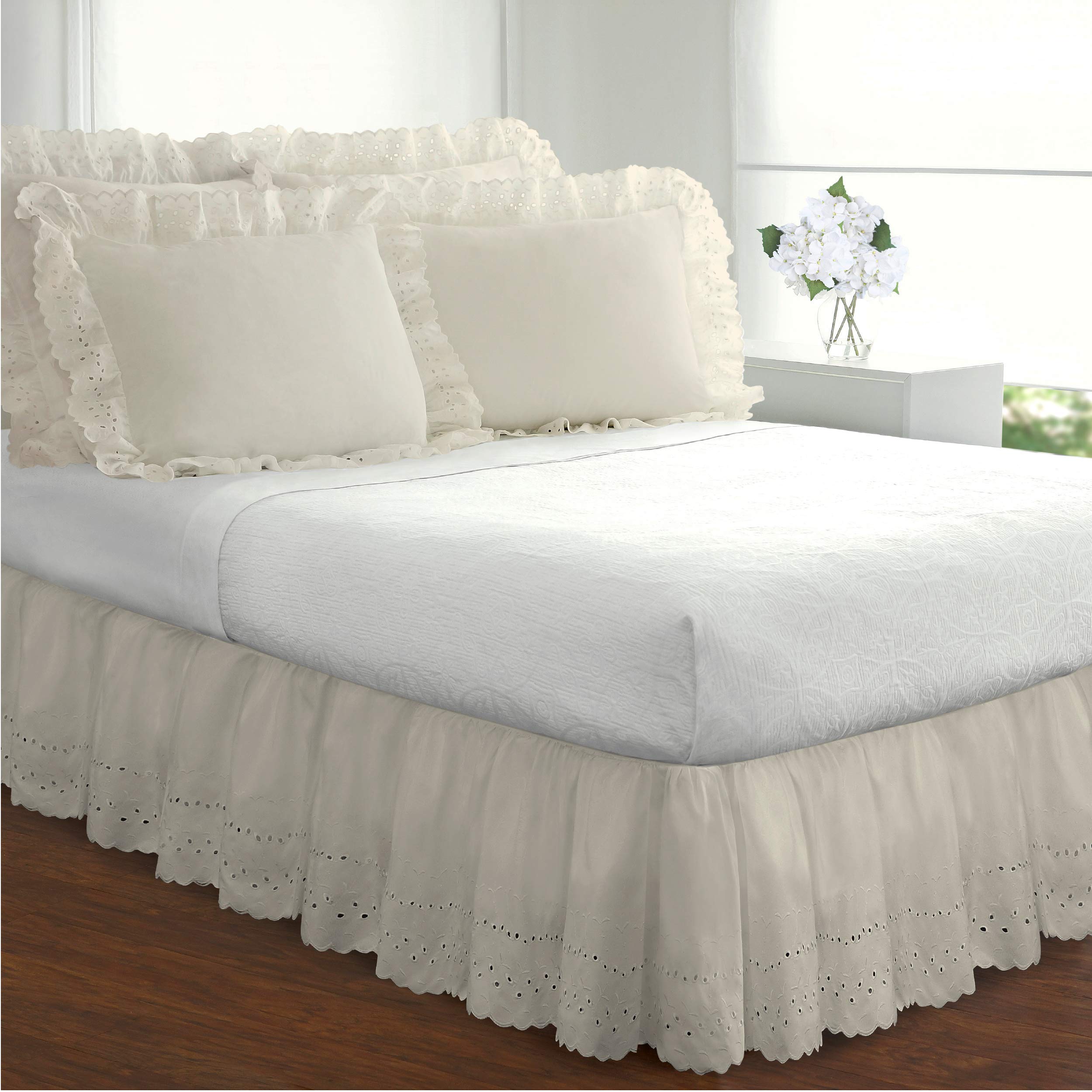 Fresh Ideas Ruffled Bed Pillow Shams with Embroidered Eyelet Detail, Standard, Ivory, 2-Pack