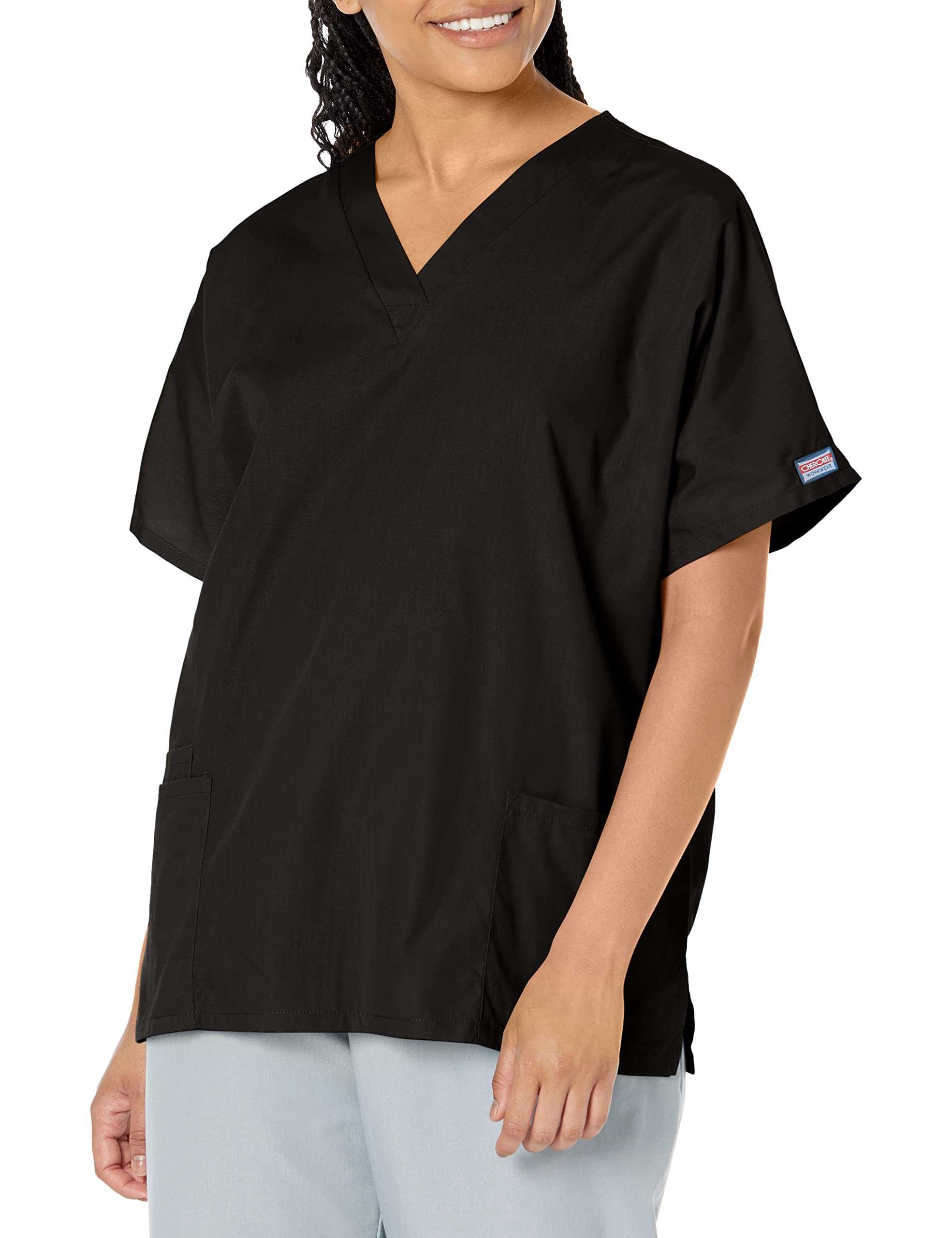 Cherokee womens V Neck medical scrubs shirts, Black, X-Large US