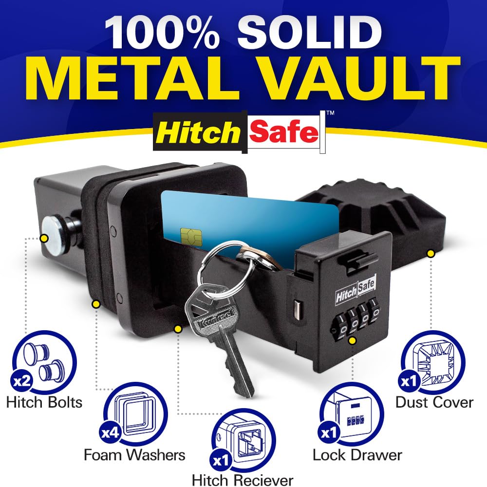 HitchSafe HS7000 Key Vault, Black | Hidden Storage Lock Box For Car Trailer Hitch | Includes Hitch Cover, Drawer with Lock, & Hitch Bolts | Outdoor, Hiking, Surfing Accessories & Truck Accessories