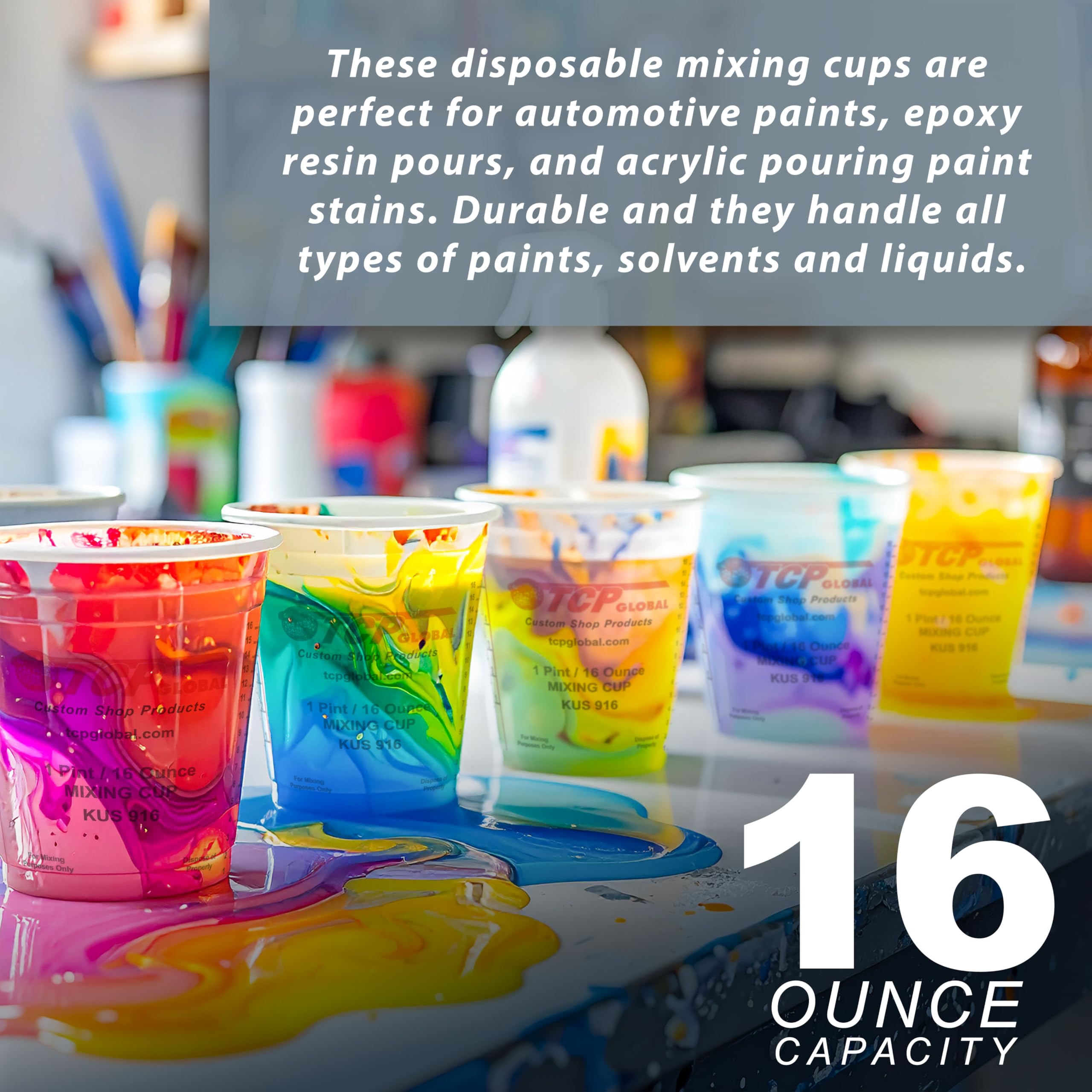(Full Case of 100 each - Pint (16oz) Paint Mixing Cups) by Custom Shop - Cups have calibrated mixing ratios on side of cup Box of 100 Cups Epoxy Resin Epoxy Resin