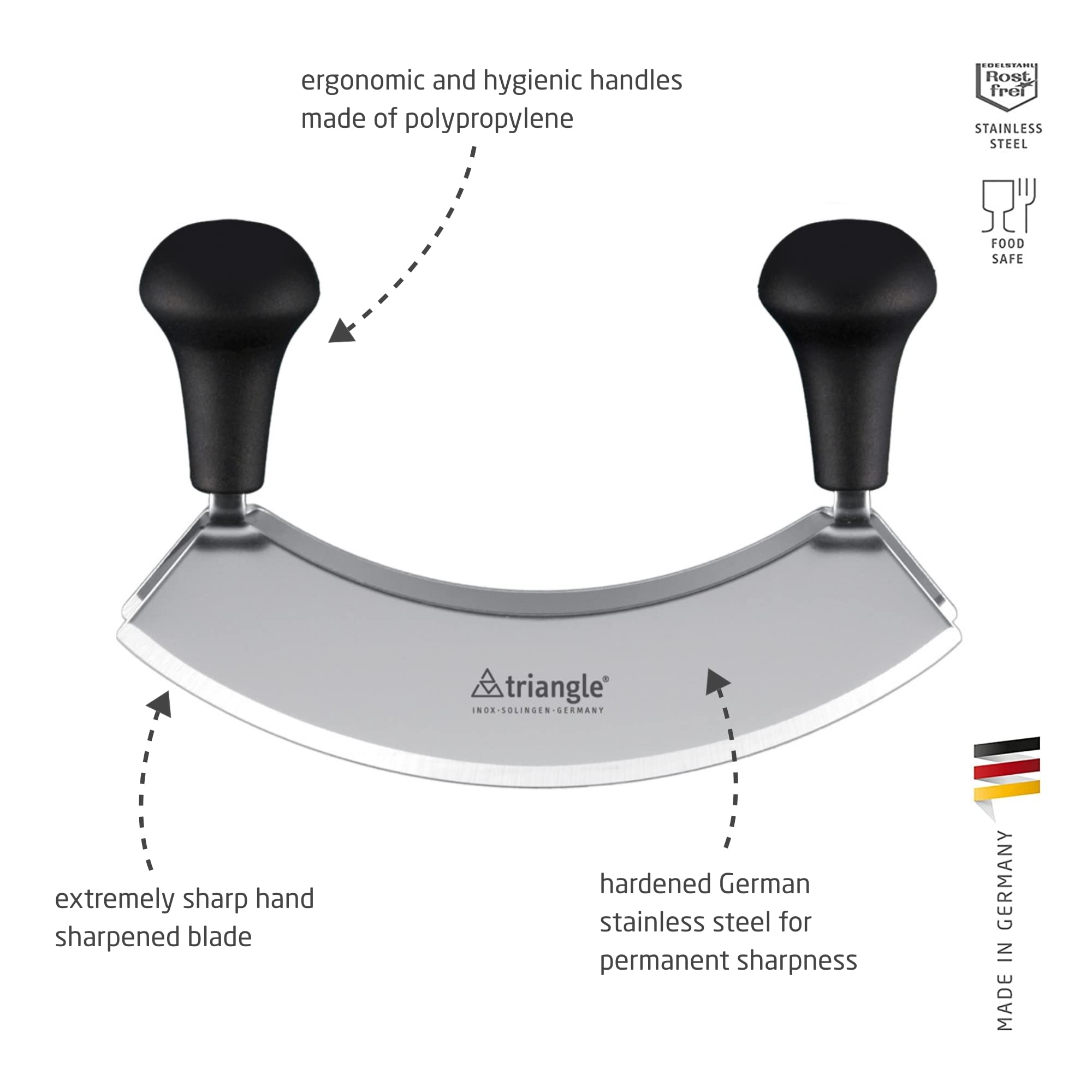 triangle Mincing Knife - 7” Stainless Steel Curved Double Blade - Mezzaluna Knife - Anti-Slip, Ergonomic Handles - Made in Germany