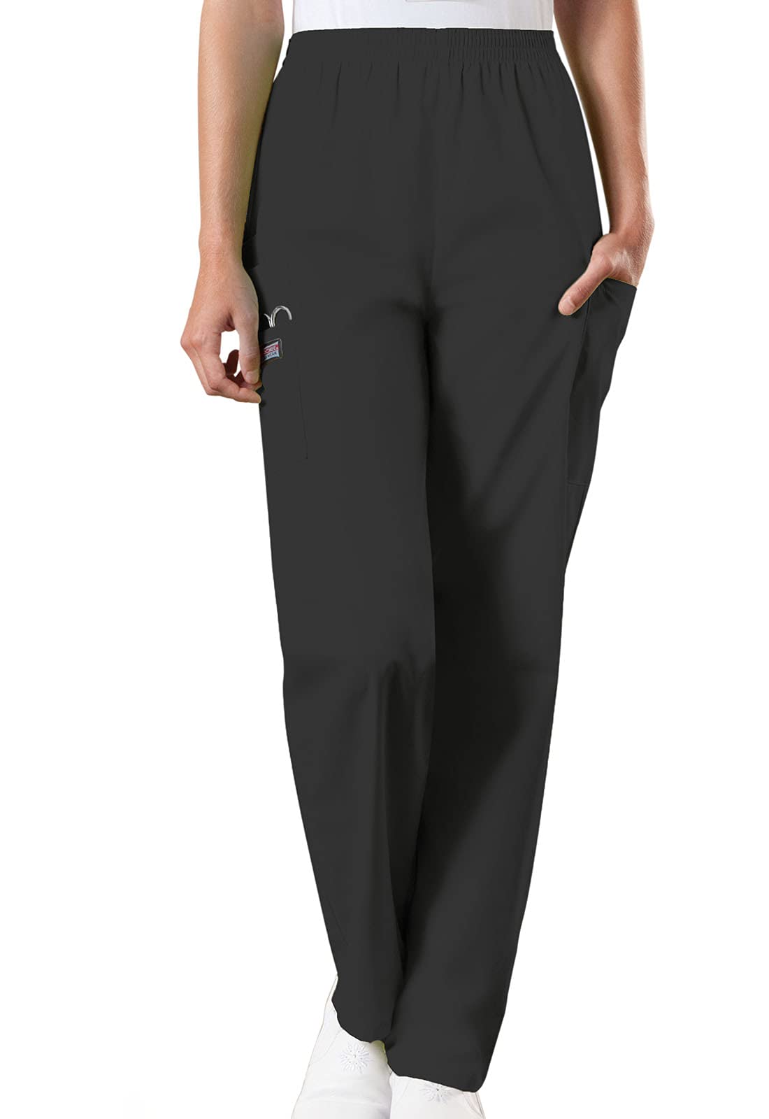 Cherokee Women's Workwear Elastic Waist Cargo Scrubs Pant, Black, Medium