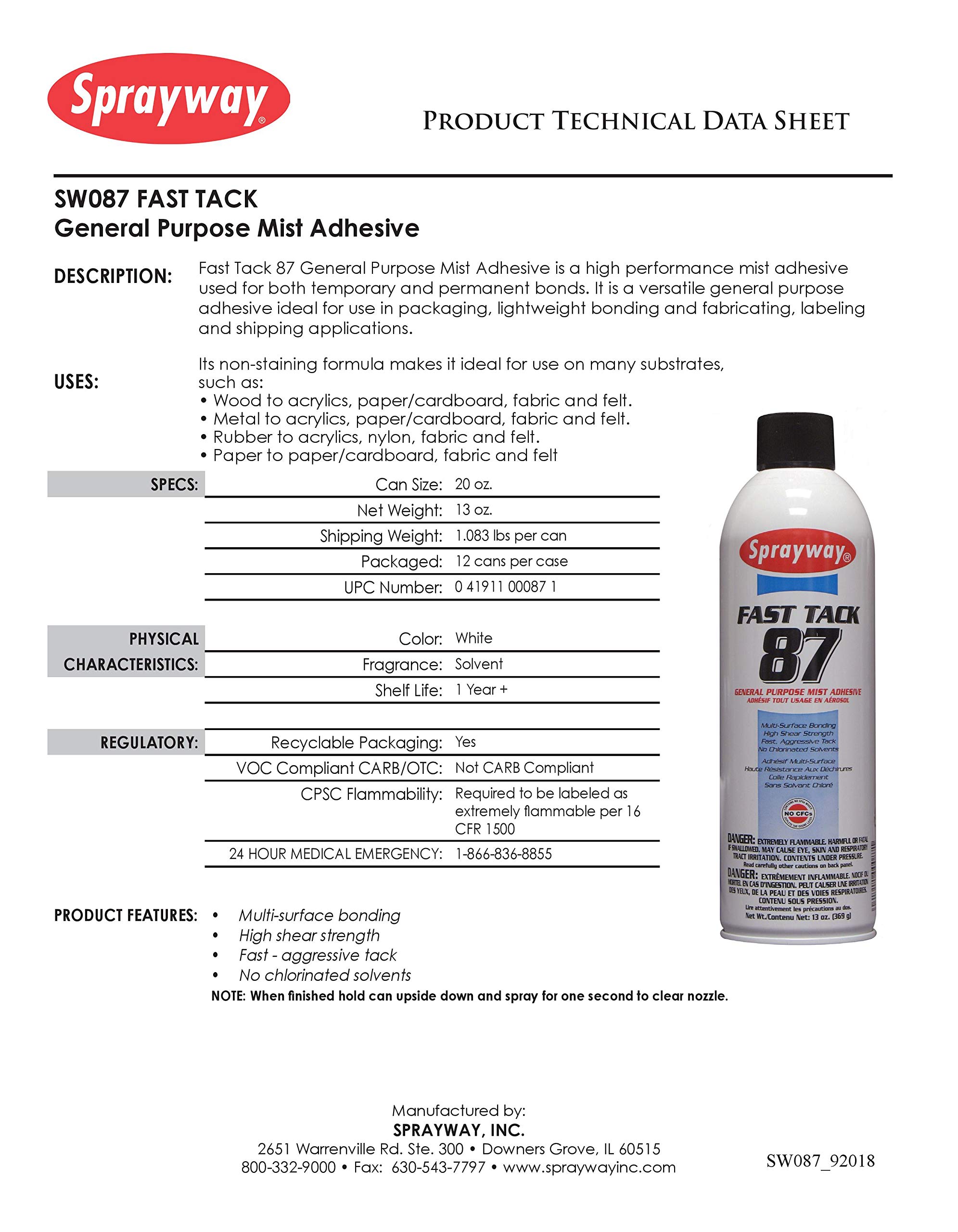 Sprayway SW087-12PK Fast Tack 87 General Purpose Mist Adhesive, 13 oz, Pack of 12