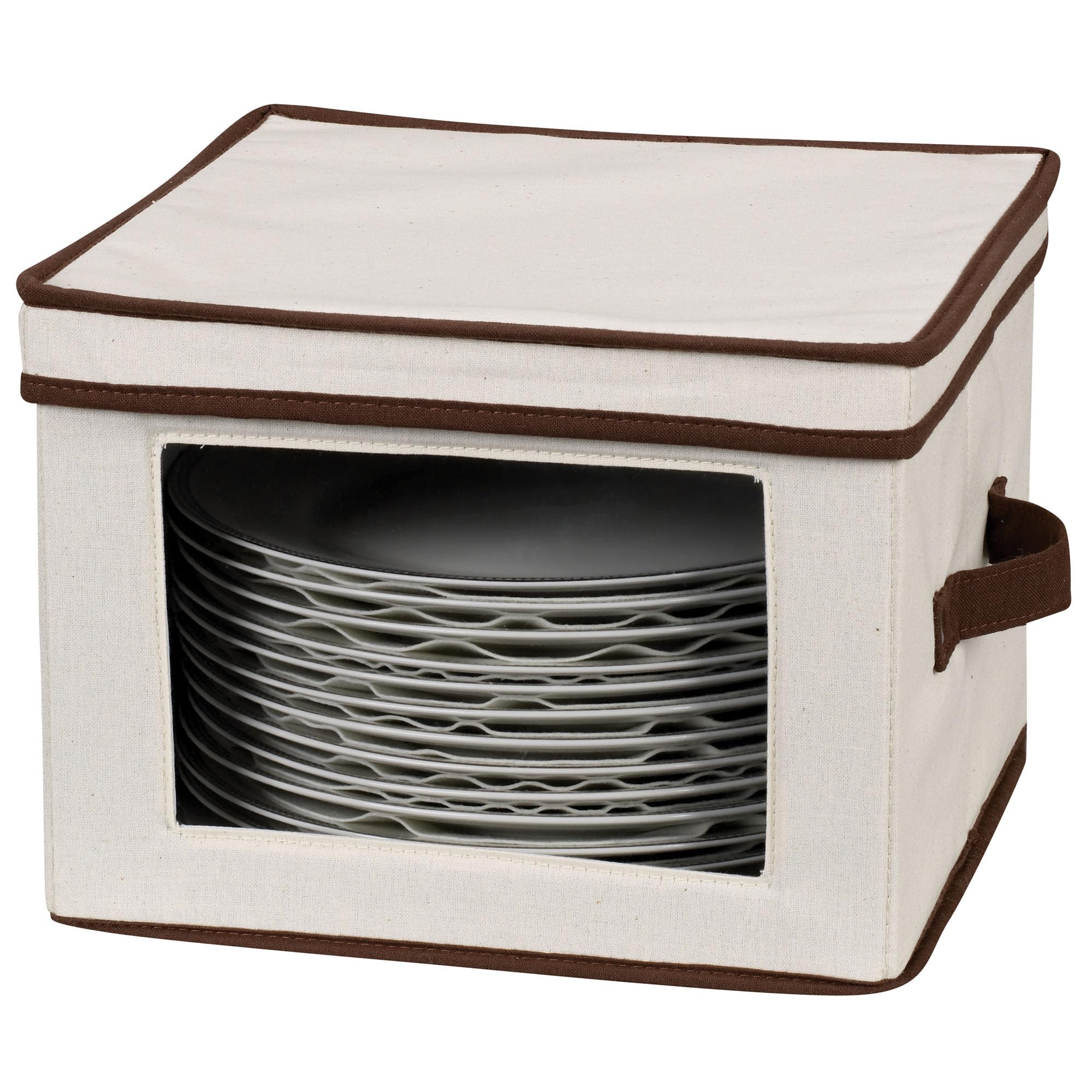 Household Essentials 536 Dinnerware Storage Box with Lid and Handles | Storage Bin for Dinner Plates | Natural Canvas with Brown Trim